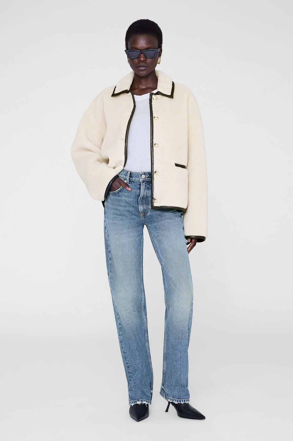 ANINE BING ANINE BING Textured Wool-Blend Jacket with Leather Trim