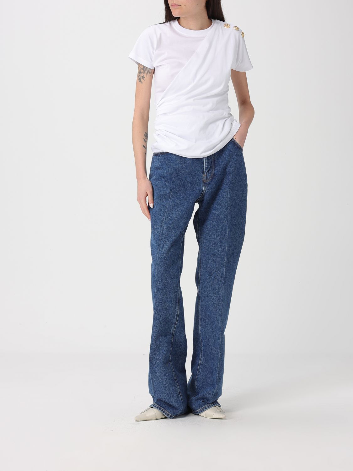 BALMAIN Balmain Draped T-Shirt with Embellished Shoulders