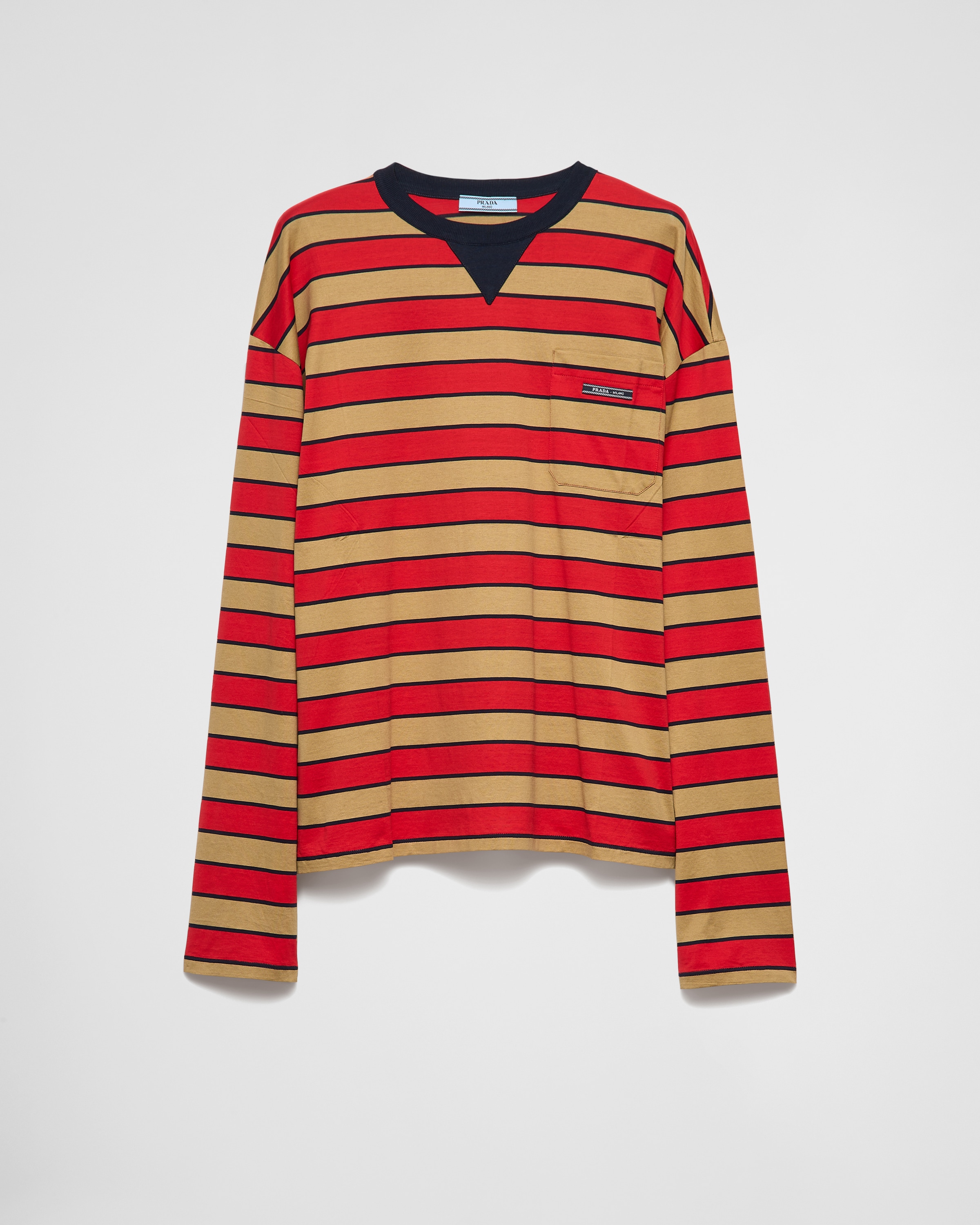 Prada Long-Sleeved Striped Lisle Cotton T-Shirt - Camel/Red