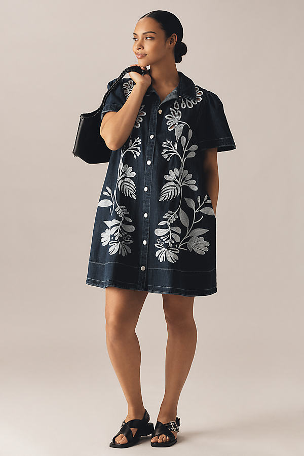 anthropologie embroidered shirt dress Finch Dress in Blue M main image 1