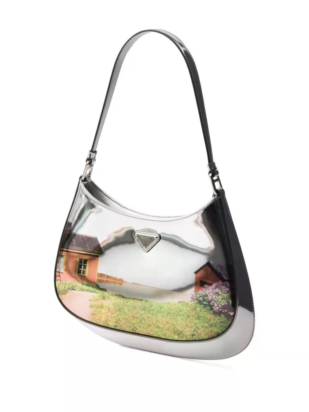 Prada Cleo Printed Brushed Leather Shoulder Bag In Silver