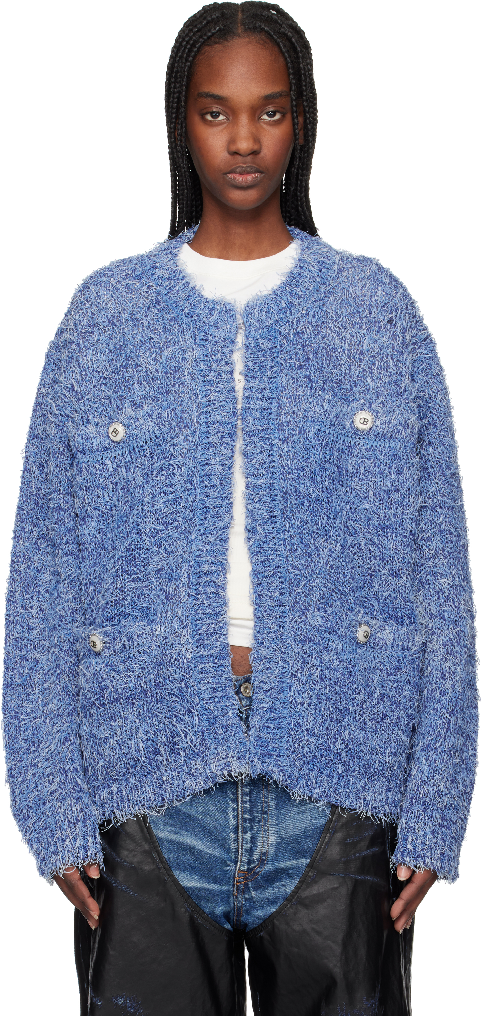 トップス doublet TWEED KNIT CARDIGAN Doublet Tweed Knit Cardigan - Blue | Editorialist