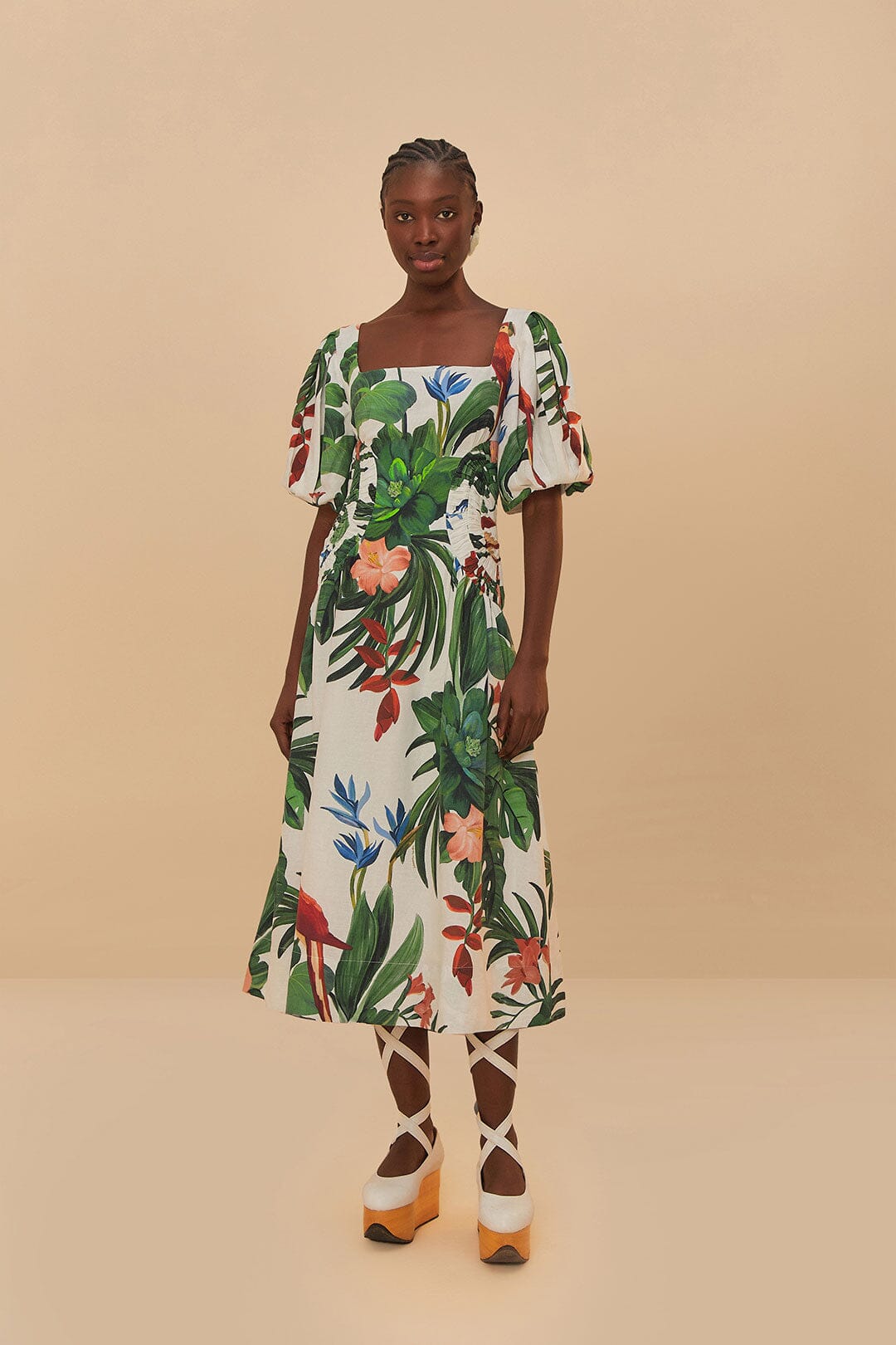 Farm Rio Midnight Macaw Fiesta Midi Dress - Midnight Macaw Fiesta Off-White  | Editorialist