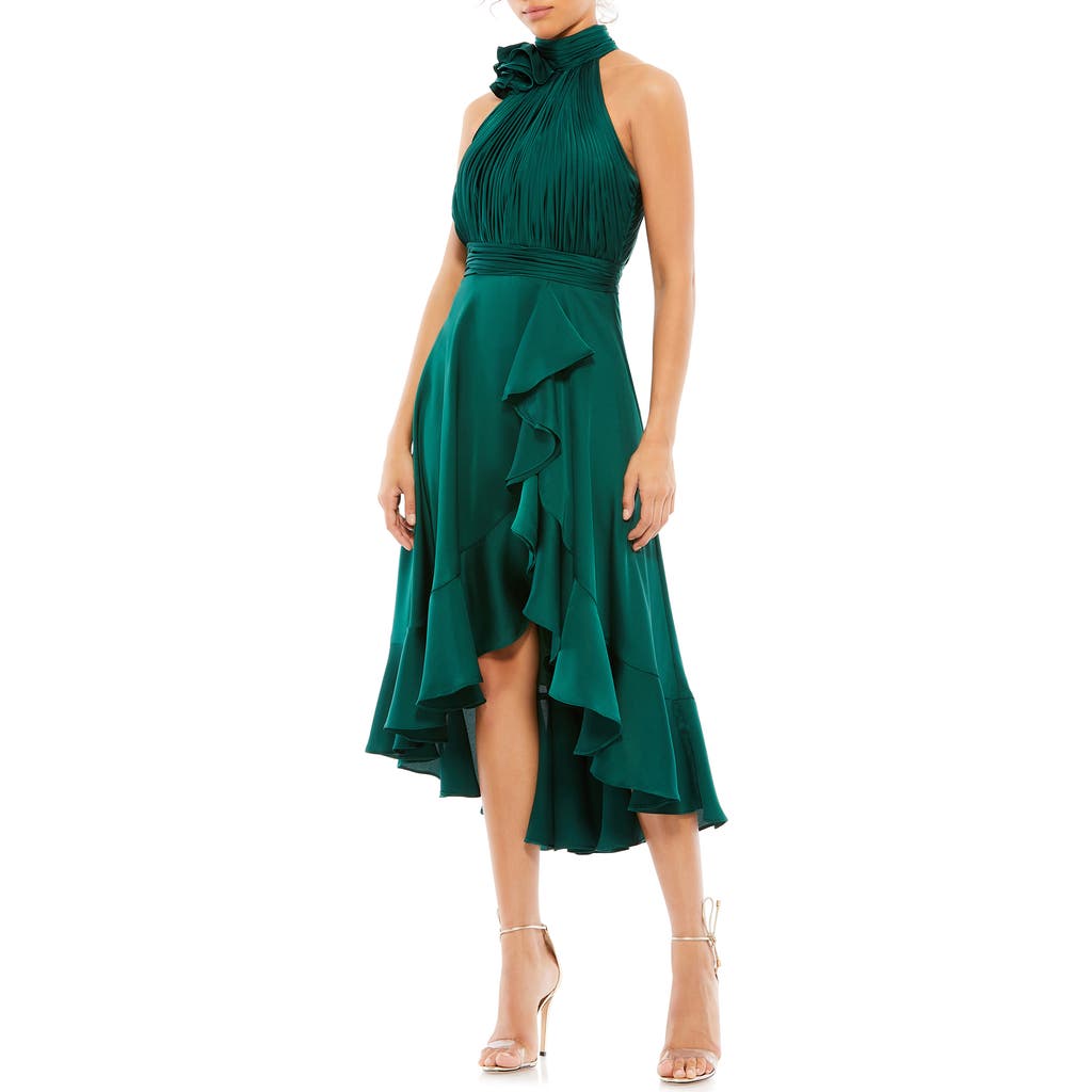 MAC DUGGAL Mac Duggal Halter Neck Ruffled Midi Dress with Flower Detail