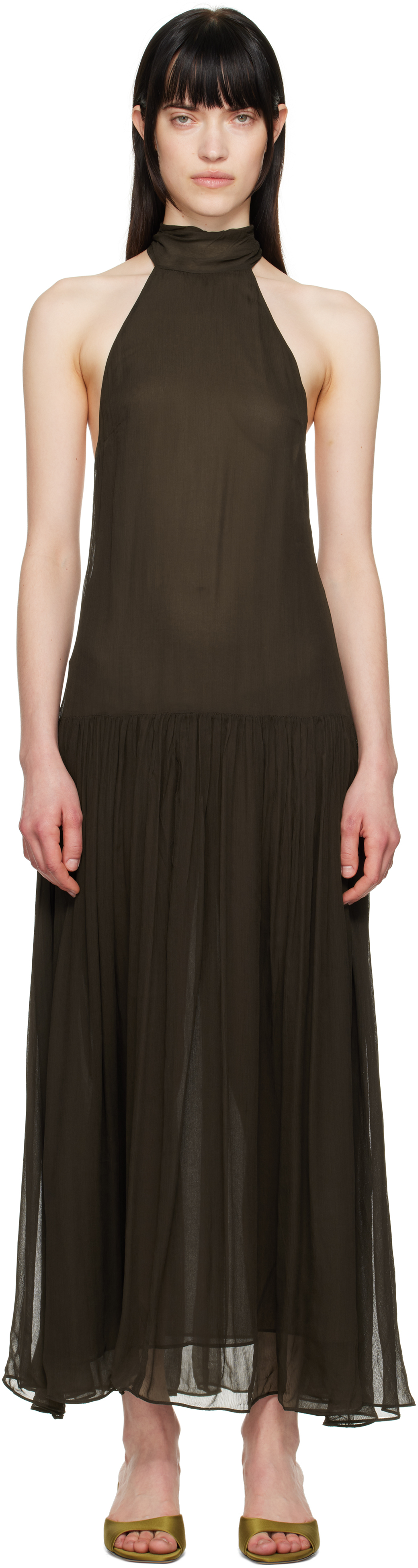 chanel chiffon dress Boutique Black Lace Sleeveless Full-Length with Flare Hem style_flared Lavetir Silk Satin Mother Color:PEACOCK/JADE transitioning into a chiffon