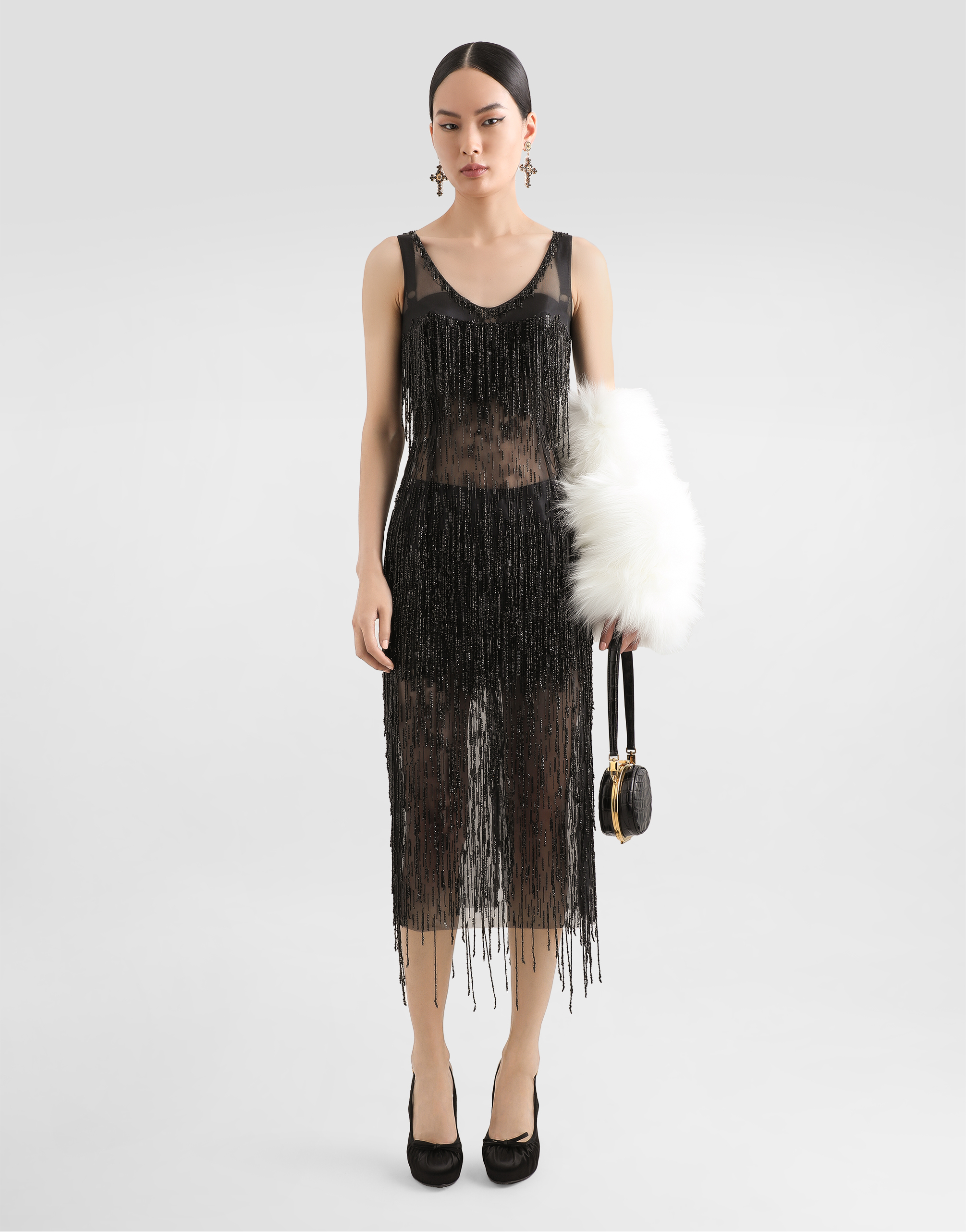 DOLCE & GABBANA Dolce & Gabbana Sleeveless Marquisette Dress with Sequined Fringing