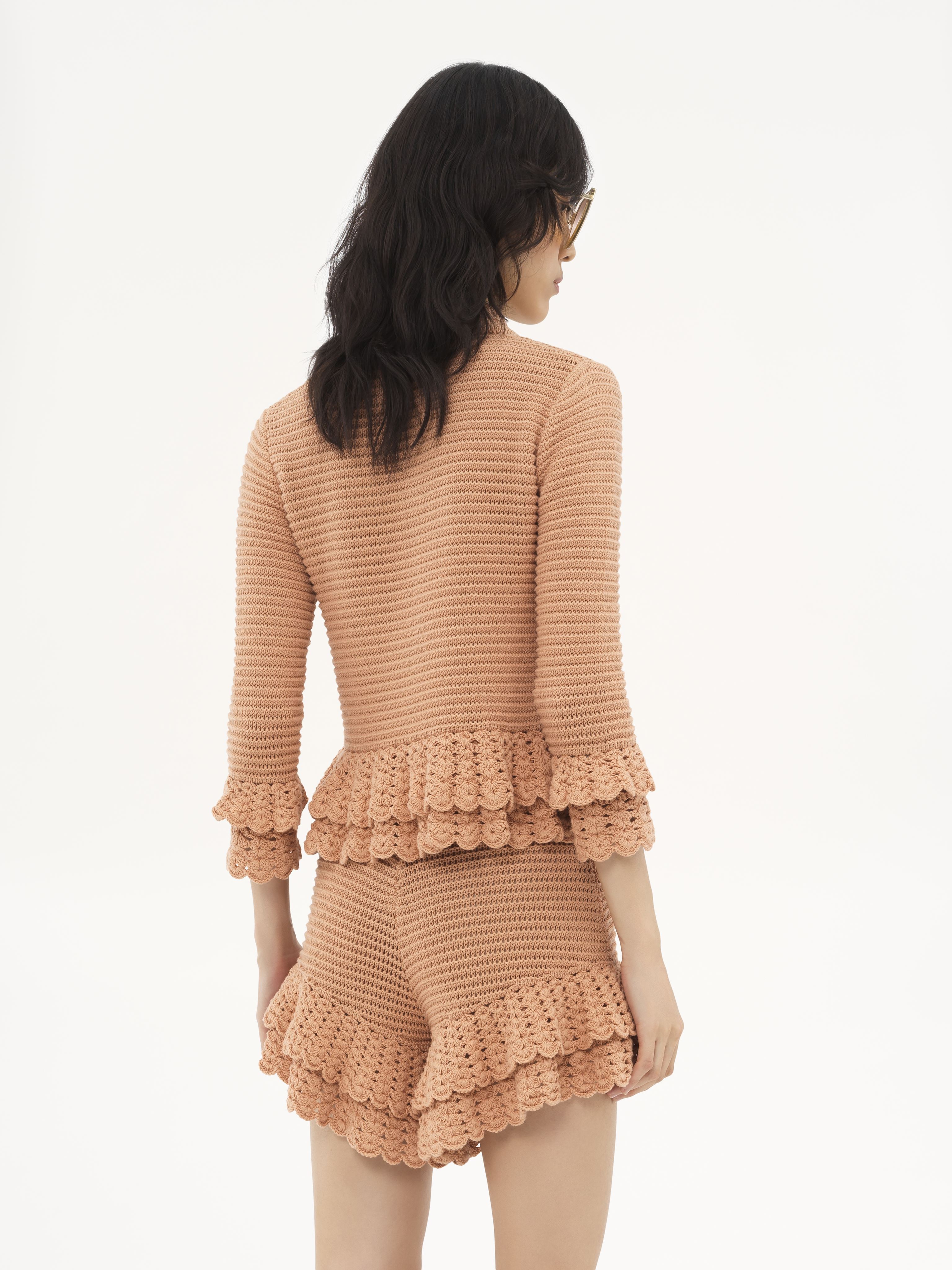 Chloé Fitted Ruffled Crochet Knit Cardigan - Pink | Editorialist