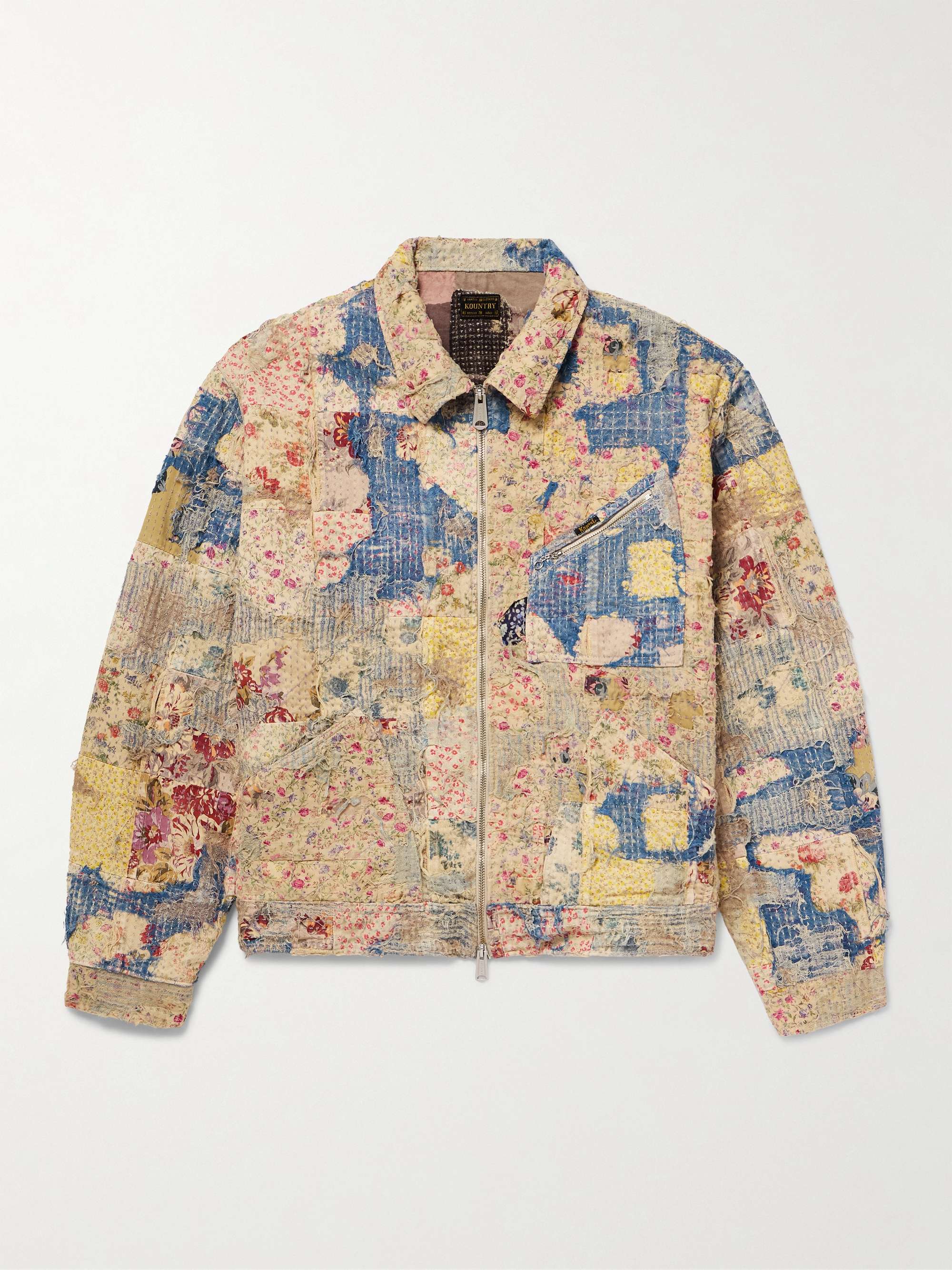 Kapital Boro Distressed Patchwork Zip-Up Jacket - Neutrals