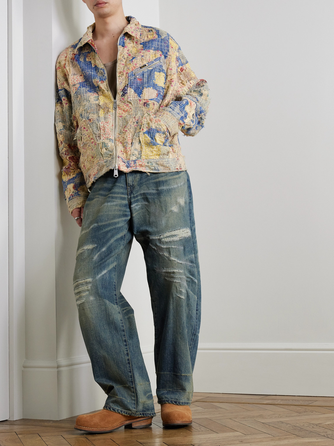KAPITAL KAPITAL Boro Distressed Patchwork Zip-Up Jacket