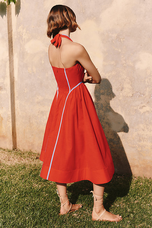 Halter V-Neck Fit & Flare Midi Dress by Anthropologie in Red, Size: XXS