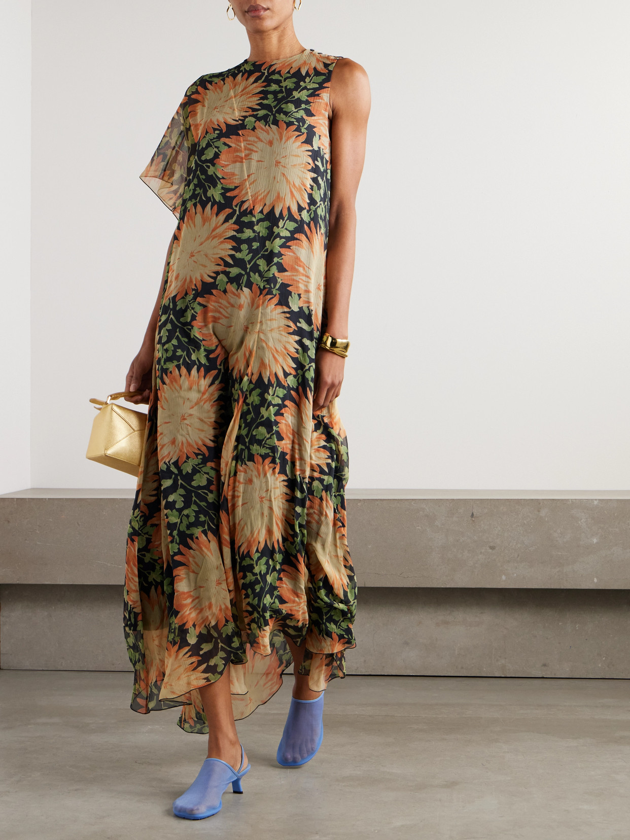LOEWE LOEWE One-Sleeve Floral-Print Silk-Crepon Dress