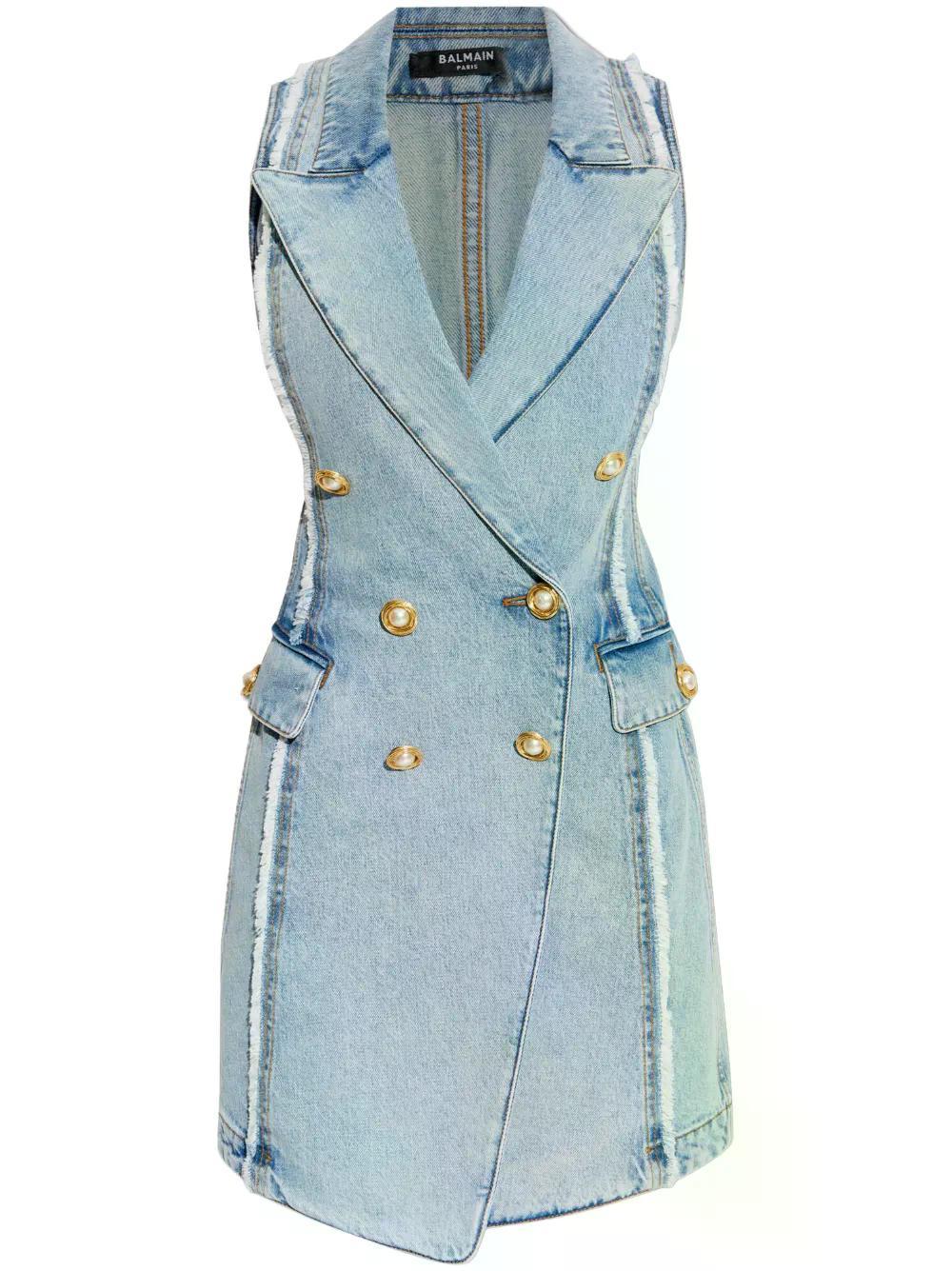 balmain sleeveless blazer dress turquoise gold buttons BALMAIN Sleeveless Short Dress BLACK
