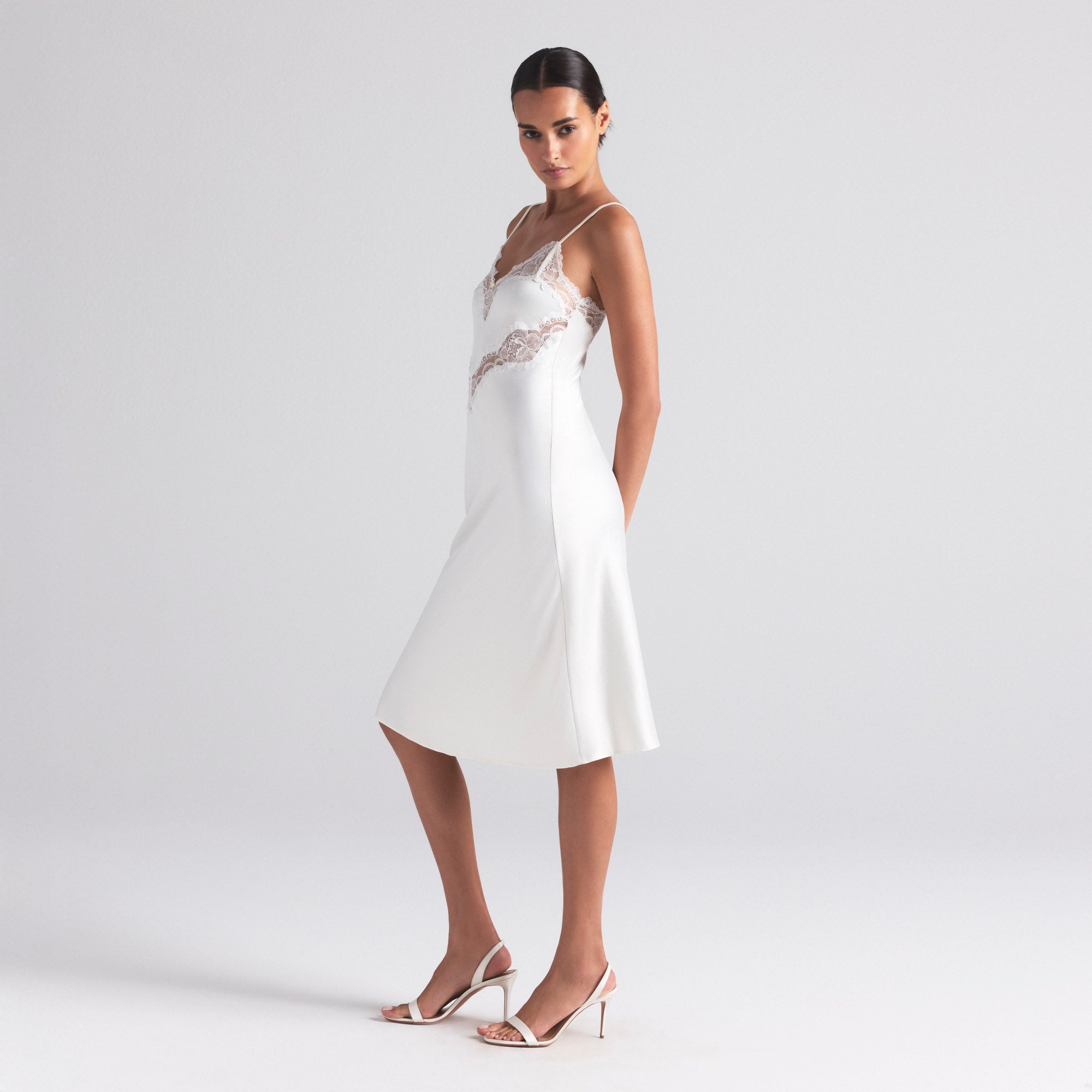 Skims Woven Shine Lace Midi Slip Dress - Ivory | Editorialist Skims Woven Shine Lace Midi Slip Dress - Ivory | Editorialist