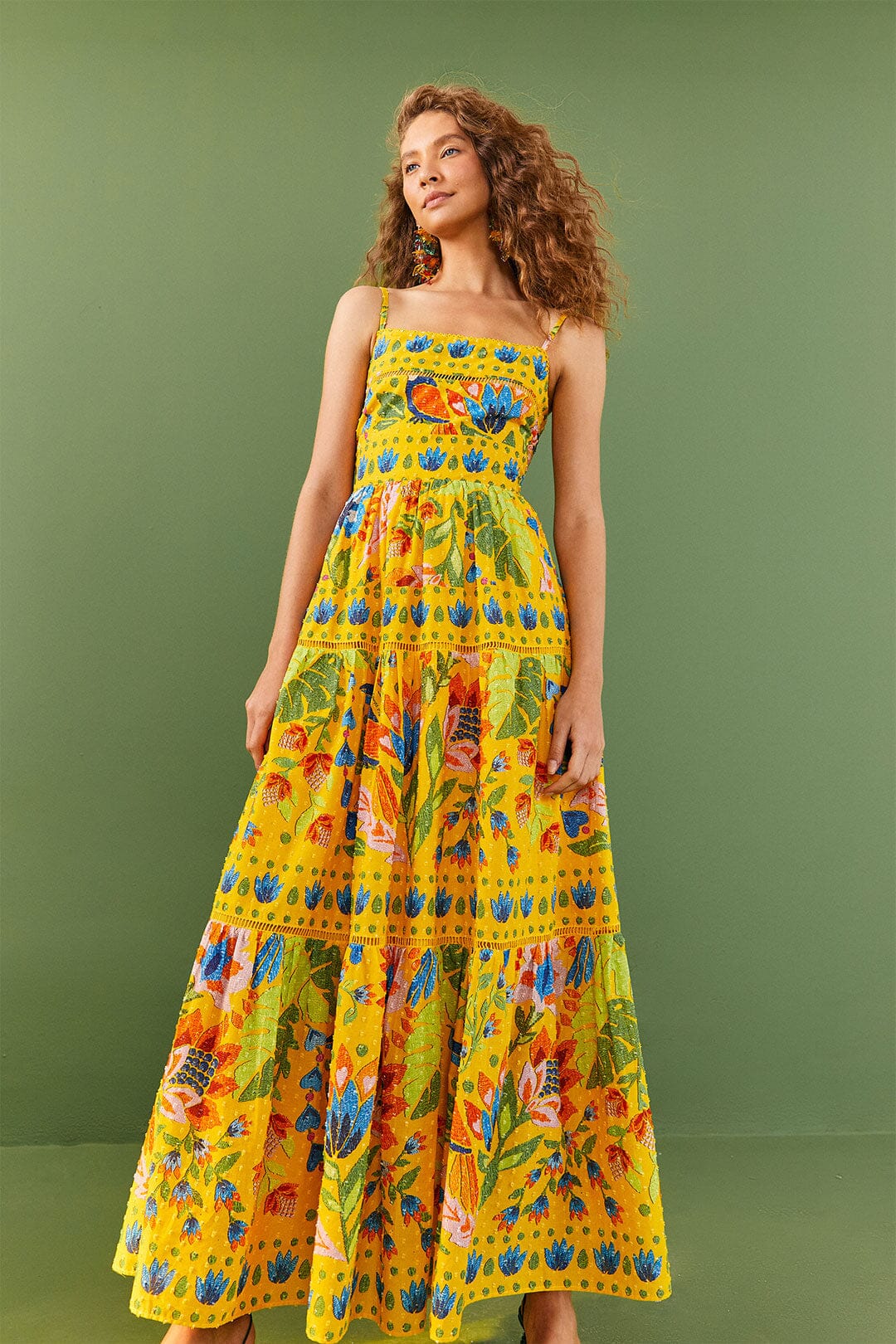 fitted lace wedding dress Farm Rio Yellow Flowering Garden Tree Organic Cotton Maxi Dress, Flowering Garden Tree Yellow / Xs main image 0