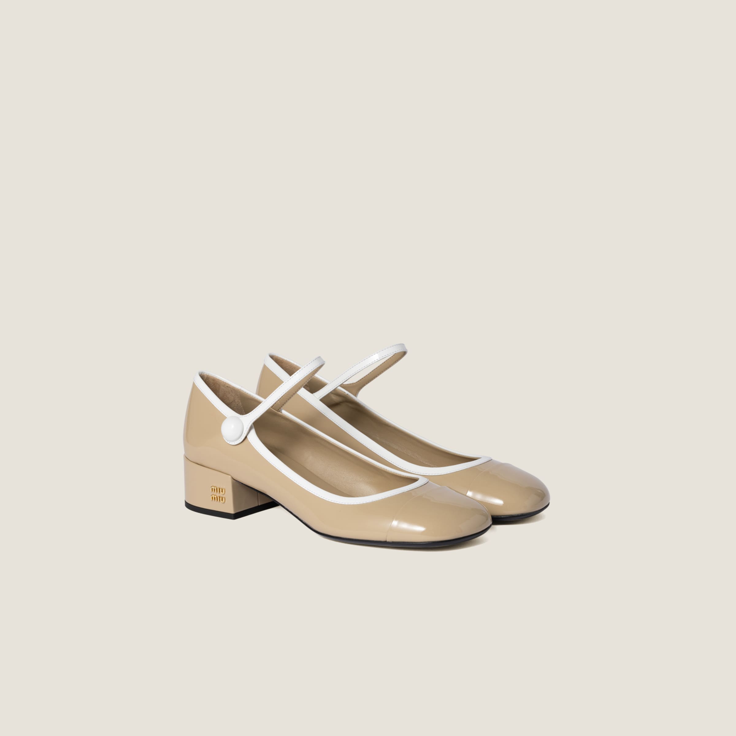 Miu Miu Two-Tone Patent Leather Mary Jane Pumps - Sand/White