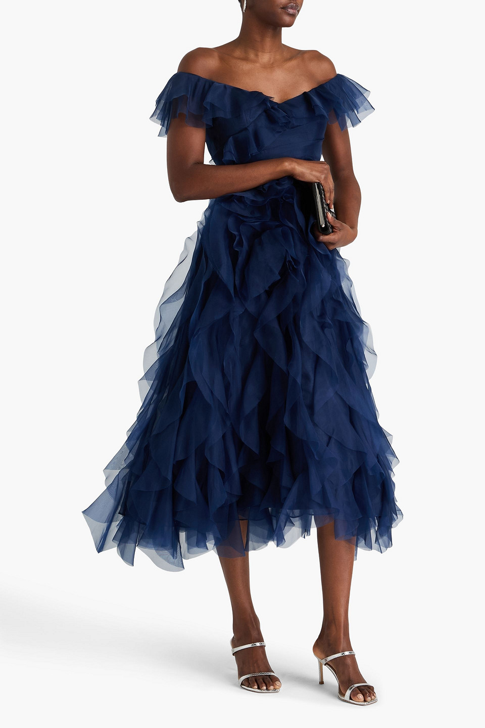 MARCHESA Off-The-Shoulder Ruffled Silk-Organza Midi Dress