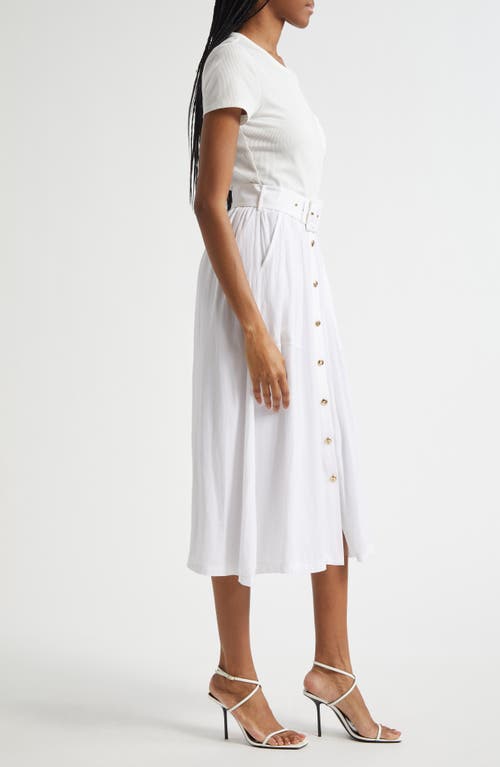 aralyn poplin combo sleeveless midi dress Ramy Brook Aralyn Mixed Media Tie Waist Midi Dress