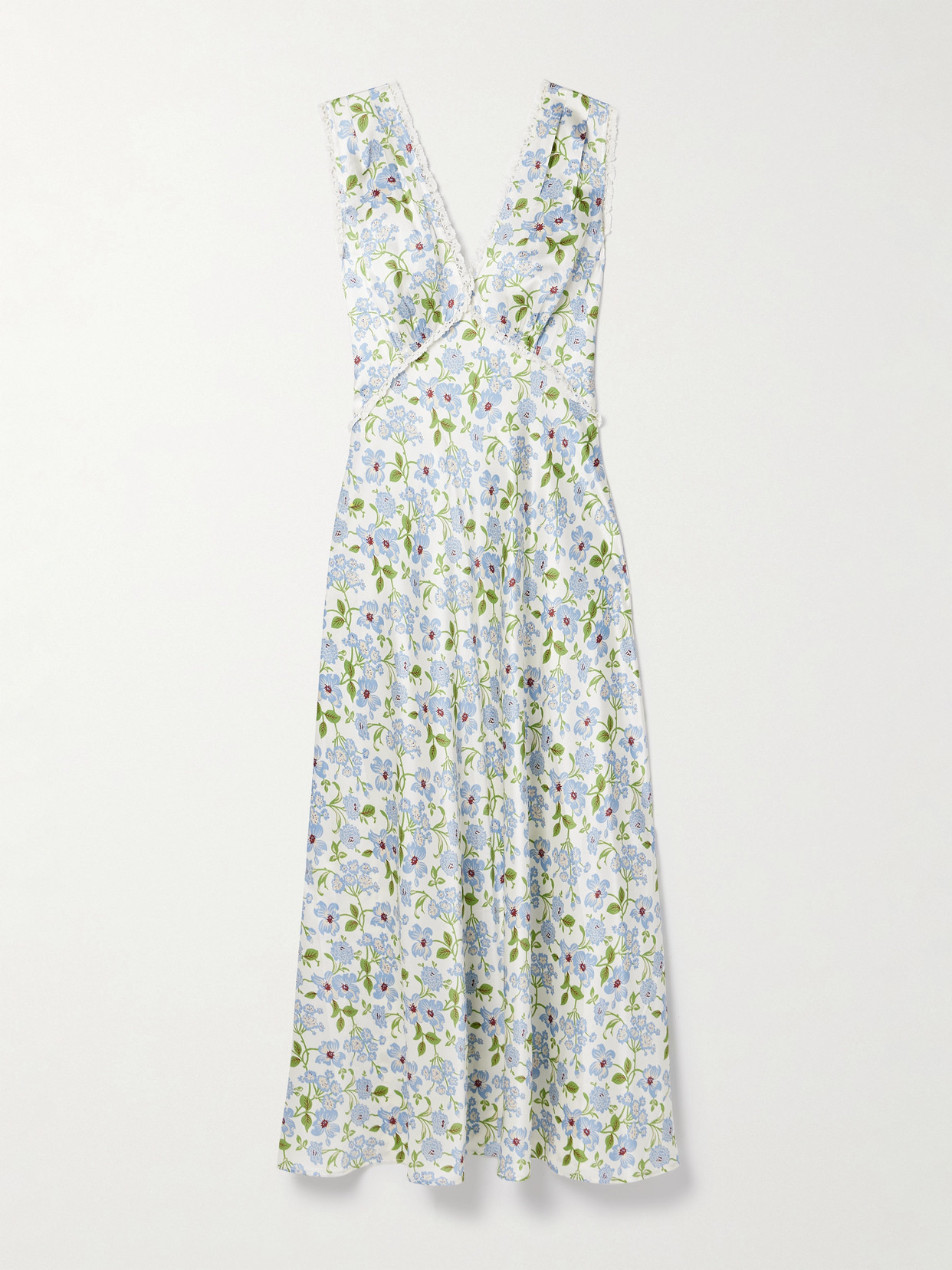 DEn Tahlia Floral-Print Silk-Charmeuse Midi Dress With Lace Trim - Blue - 30% Off | Editorialist DEn Tahlia Floral-Print Silk-Charmeuse Midi Dress With Lace Trim - Blue - 30% Off | Editorialist