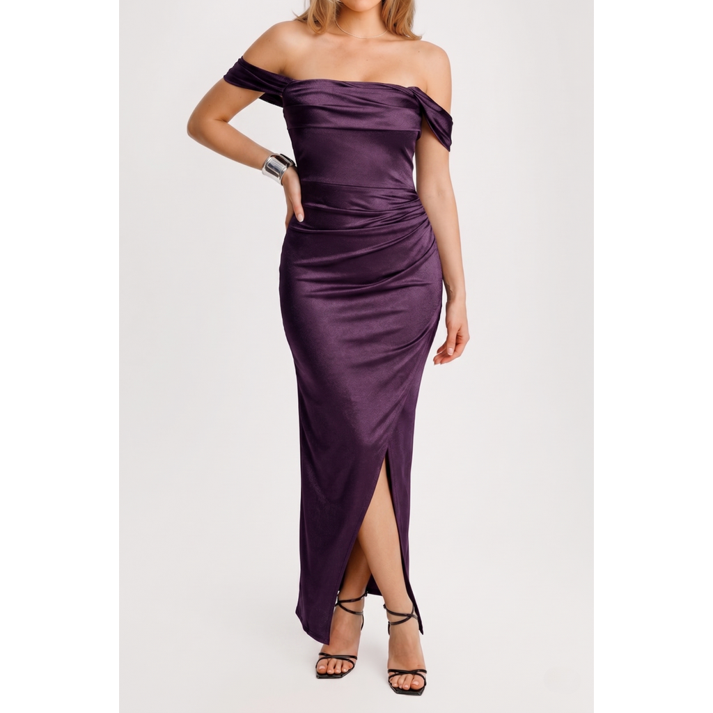 POPILUSH Liquid Metallic Off Shoulder Maxi Shapewear Dress
