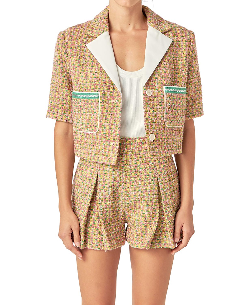 ENGLISH FACTORY Boucle Cropped Jacket with Trim