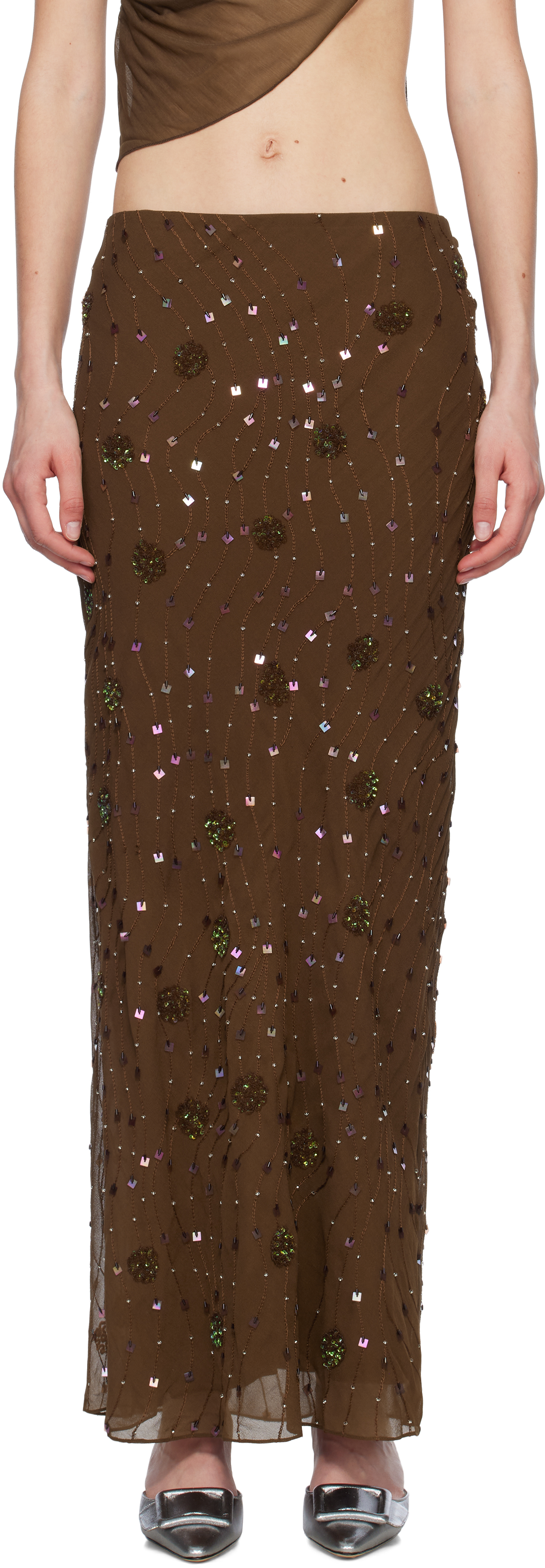 Mirror Palais Beaded Maxi Skirt - Brown | Editorialist