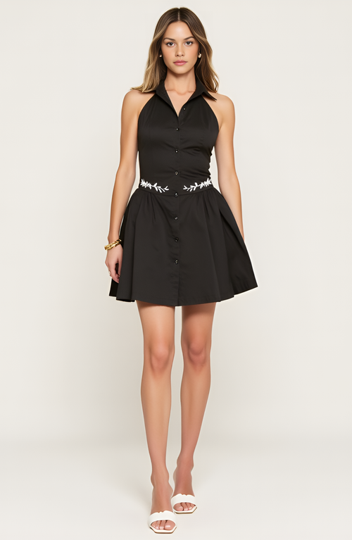 MODENAIRE Modenaire Embroidered Waist Halter Mini Dress
