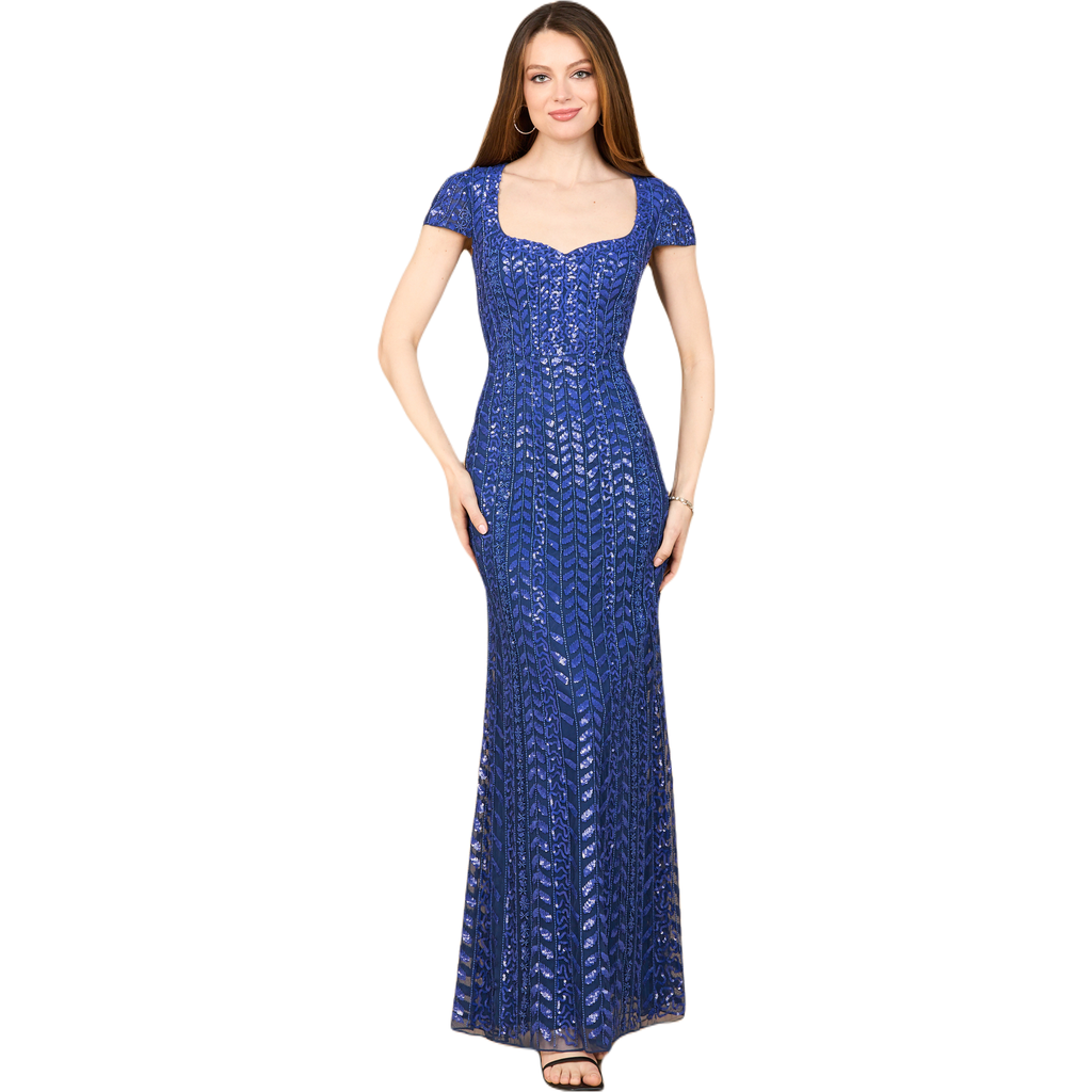 LARA NEW YORK Beaded Mermaid Gown with Cap Sleeves