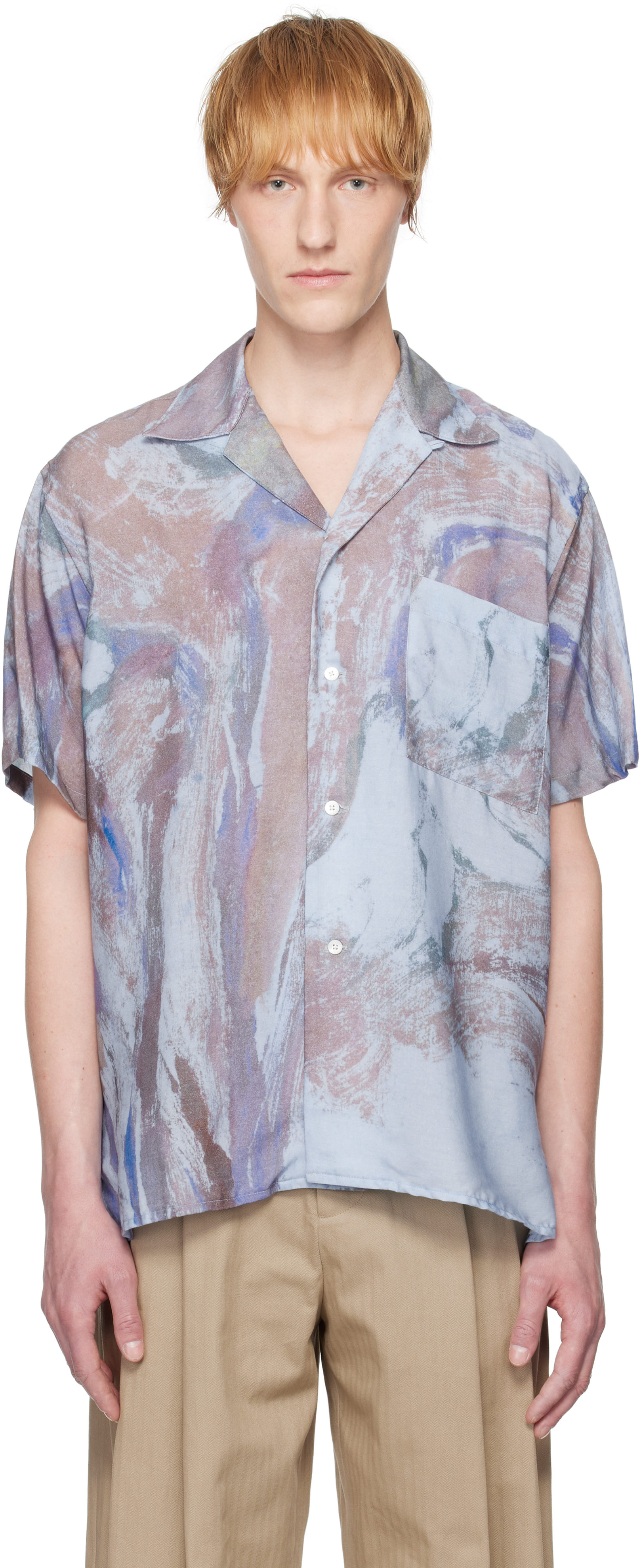 Yoke Flower Printed Open Collar Shirt In Blue - 60% Off | Editorialist