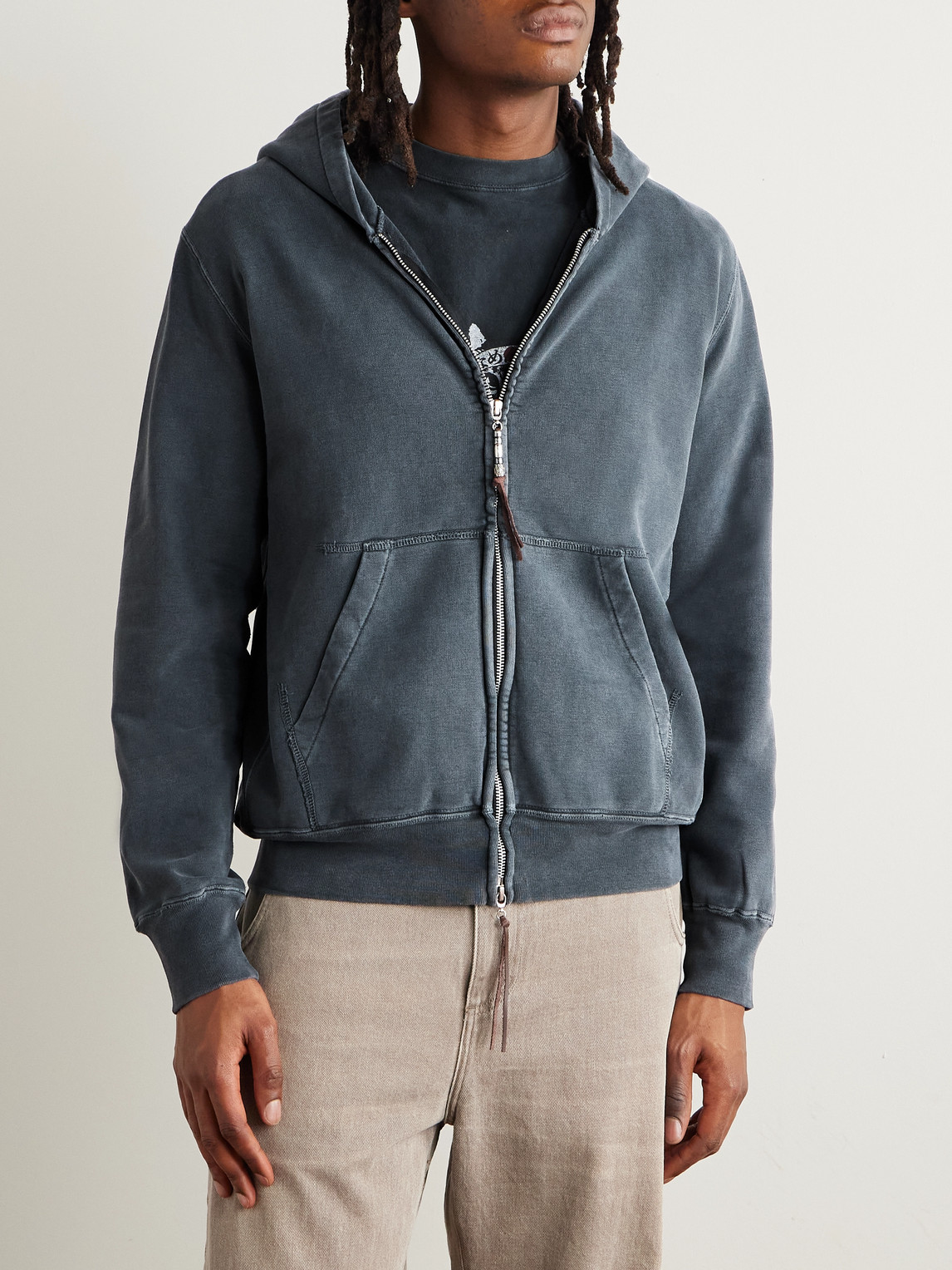 Remi Relief Distressed Cotton-Jersey Zip-Up Hoodie - Black