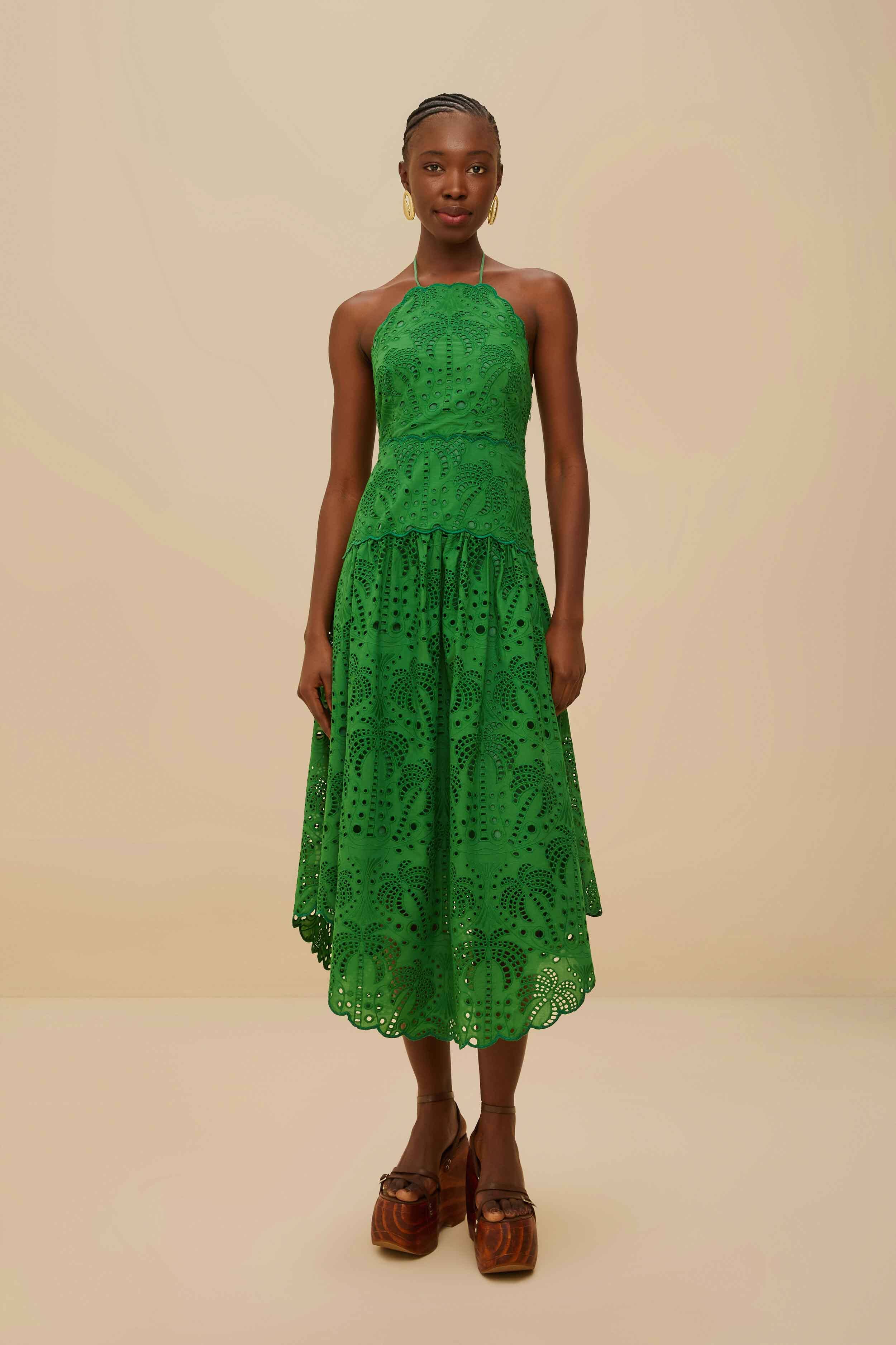Farm Rio Palm Tree Eyelet Halter Neck Midi Dress - Green | Editorialist