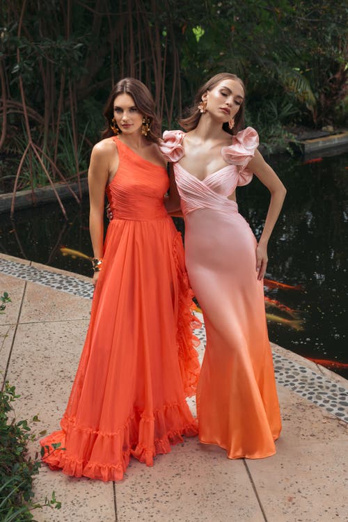 MAC DUGGAL Charmeuse Ombre Gown with Ruffle Straps