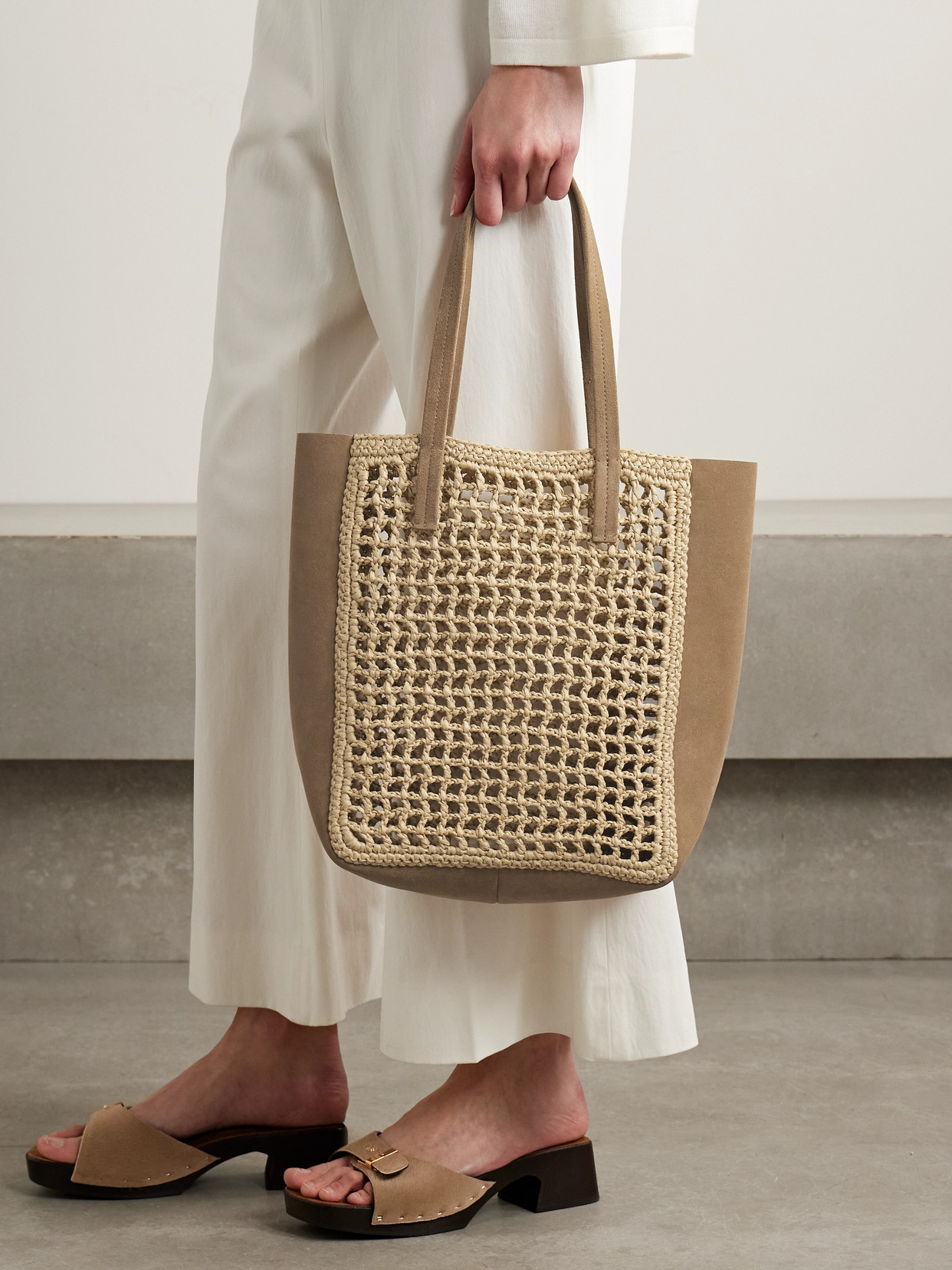 KHAITE KHAITE Zoe Small Suede and Crocheted Raffia Tote