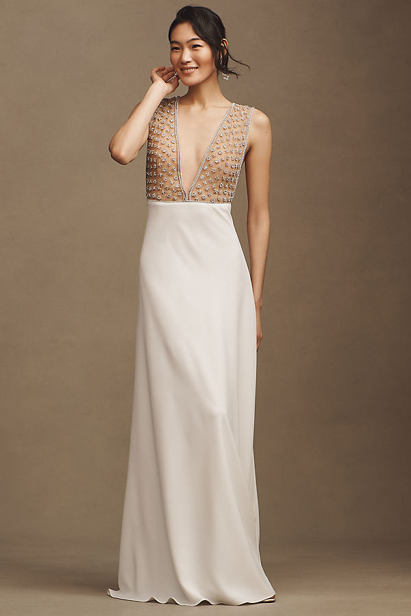 COSTARELLOS Bianna Crystal V-Neck Column Gown