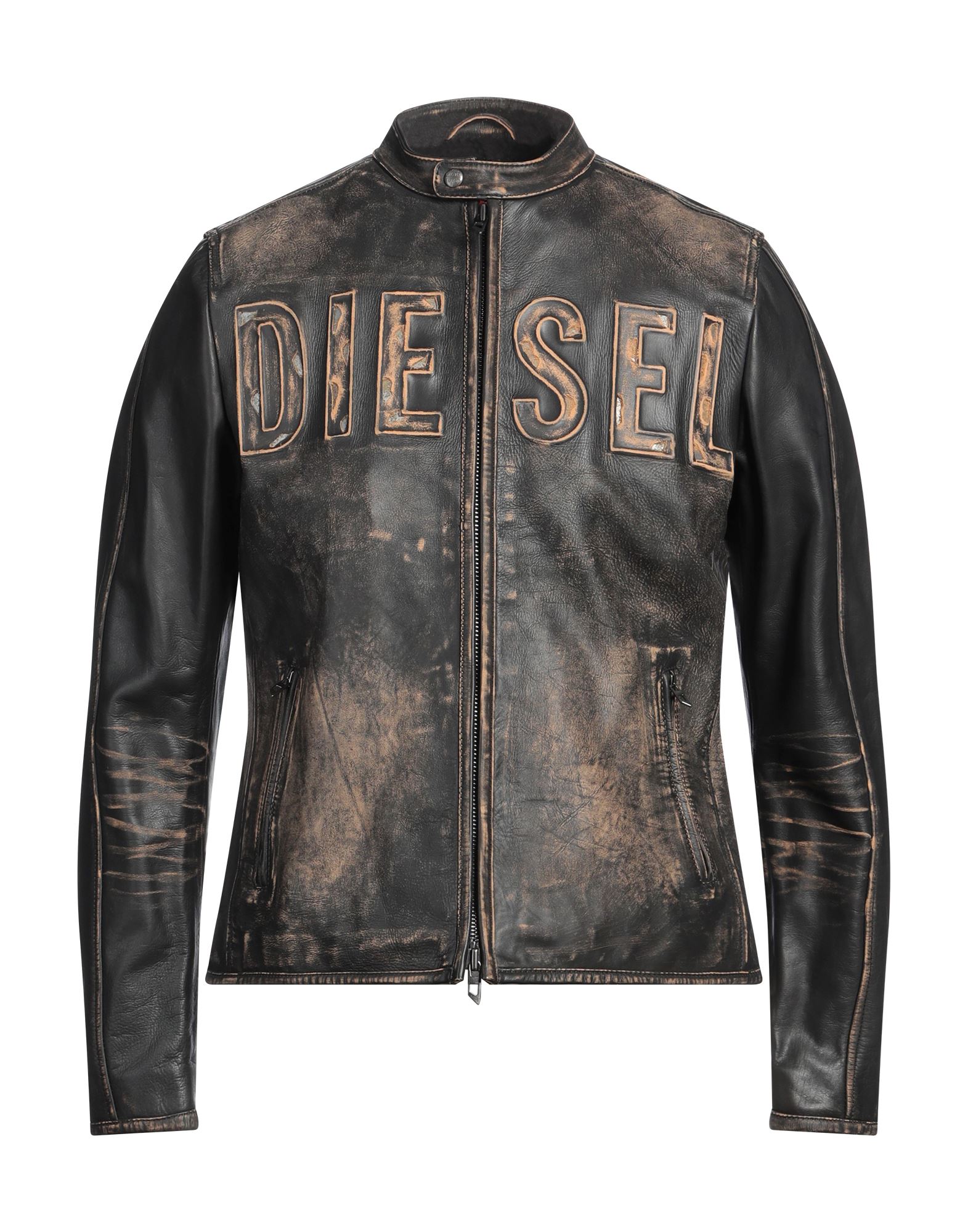ジャケット・アウター diesel cow leather jacket Diesel® Dark Cow Leather Biker Jacket In Brown - 50% Off