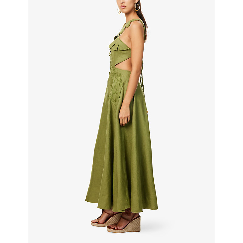 Farm Rio Palm Tree One-Shoulder Linen Maxi Dress - Green | Editorialist