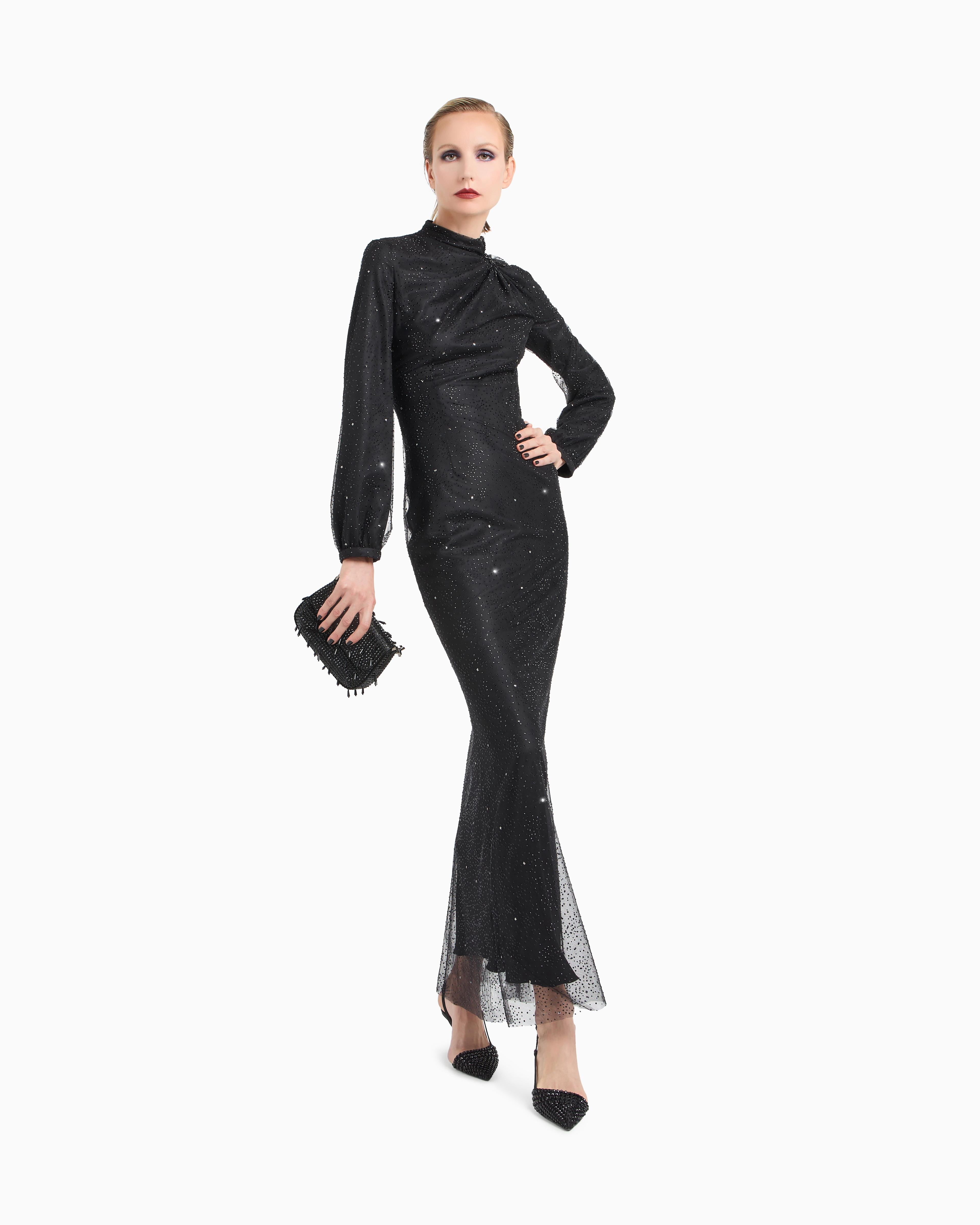 GIORGIO ARMANI Silk Long Dress with Rhinestone Embroidery