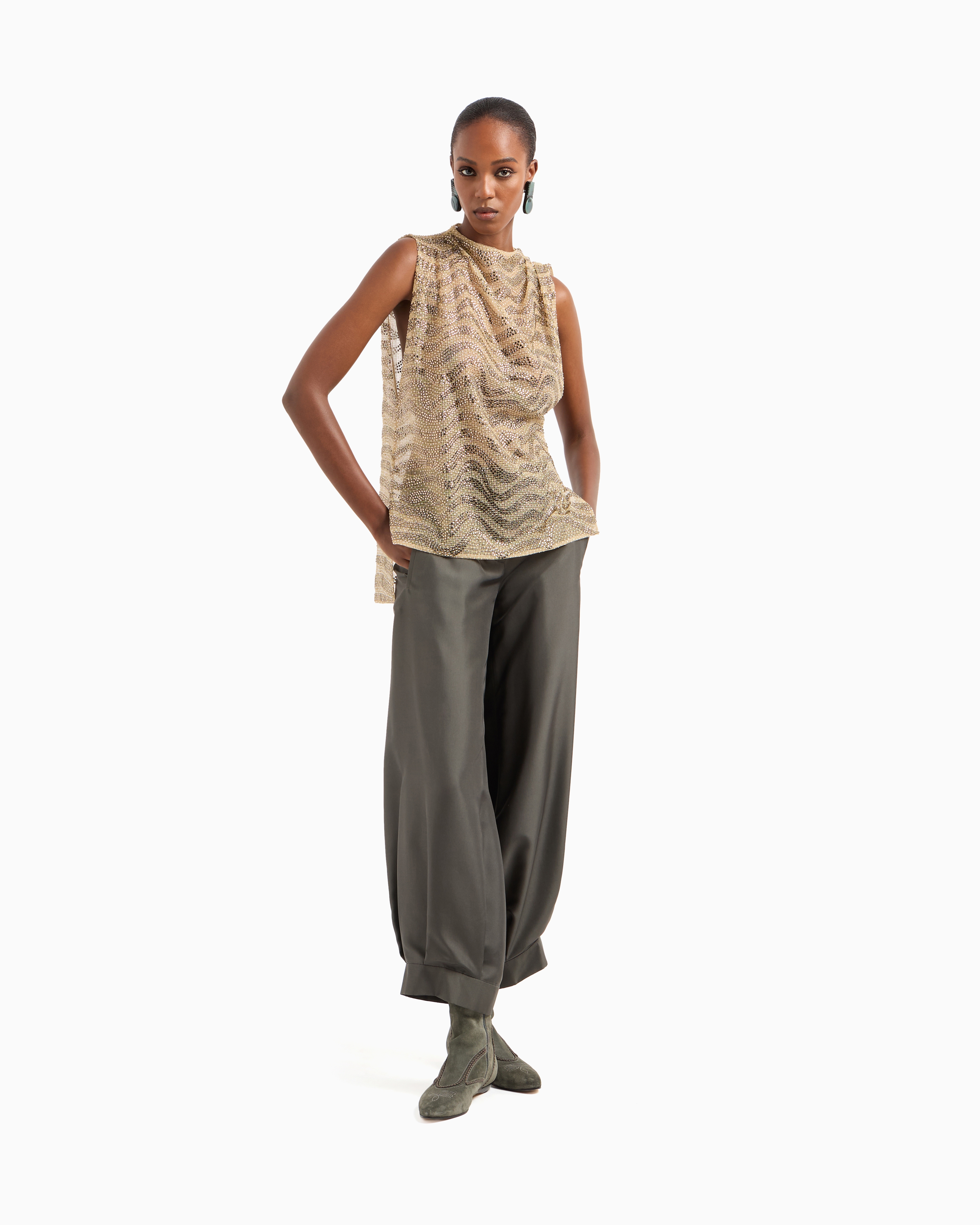 GIORGIO ARMANI Mesh and Lurex Top with Rhinestone Embroidery