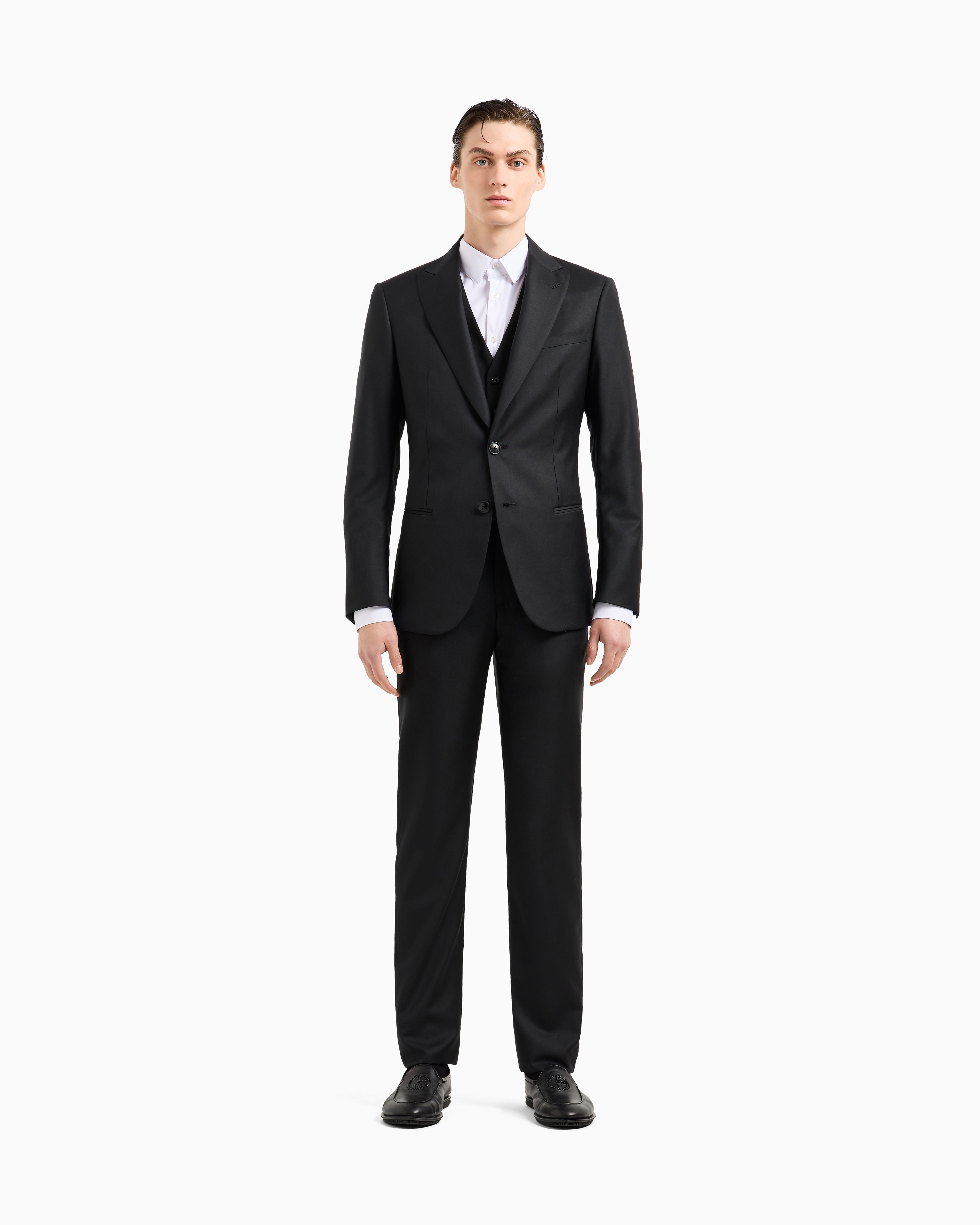Giorgio Armani Textured Wool-Silk Solid Classic Fit Suit - Black