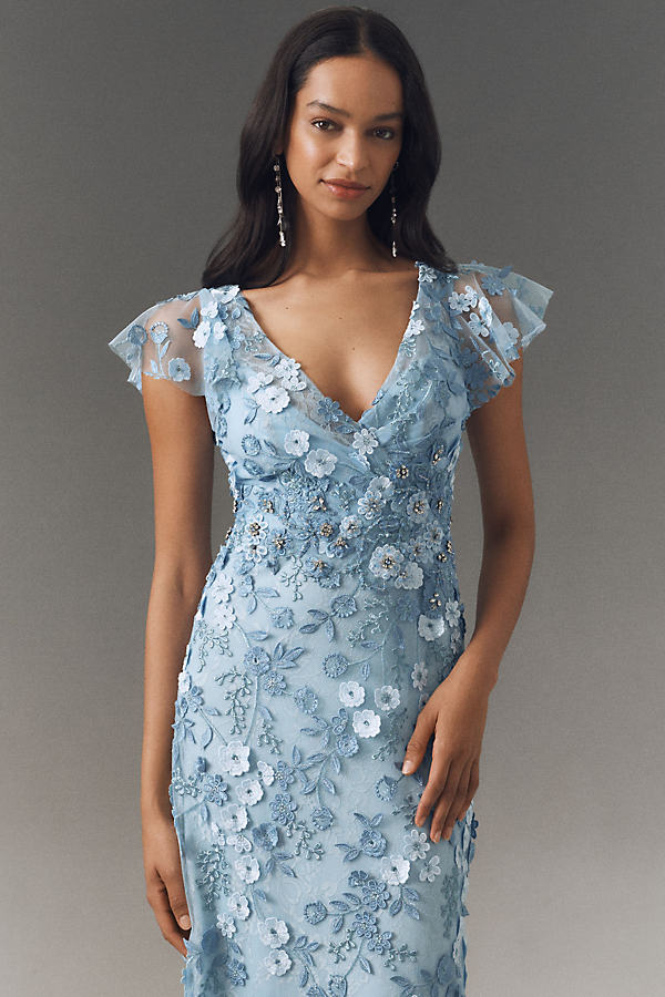 Mac Duggal Flutter-Sleeve Formal Appliqu Maxi Dress In Blue - 30% Off |  Editorialist