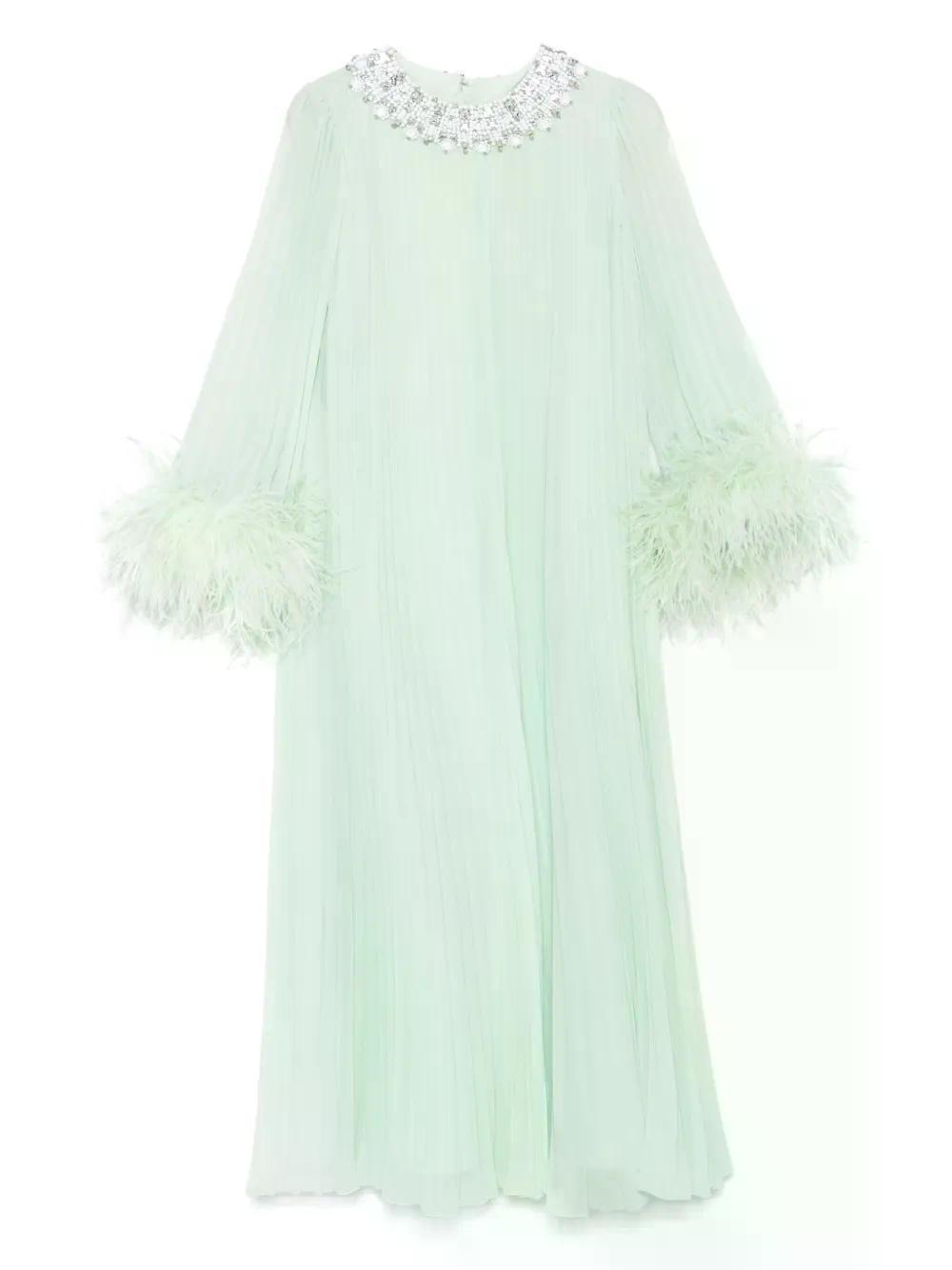 Self-Portrait Feather-Trim Chiffon Dress - Green - 47% Off | Editorialist Self-Portrait Feather-Trim Chiffon Dress - Green - 47% Off | Editorialist