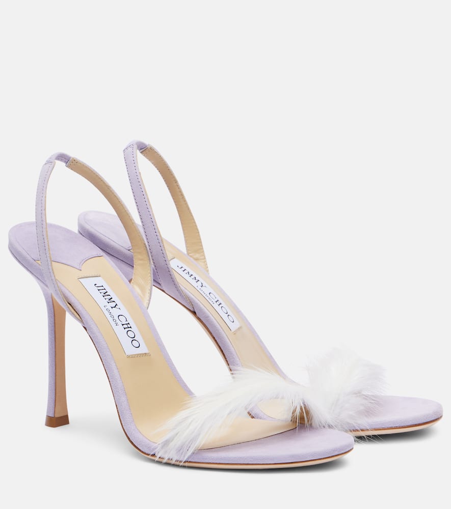 Jimmy Choo Archive 72138 Feather-Trimmed Suede Sandals