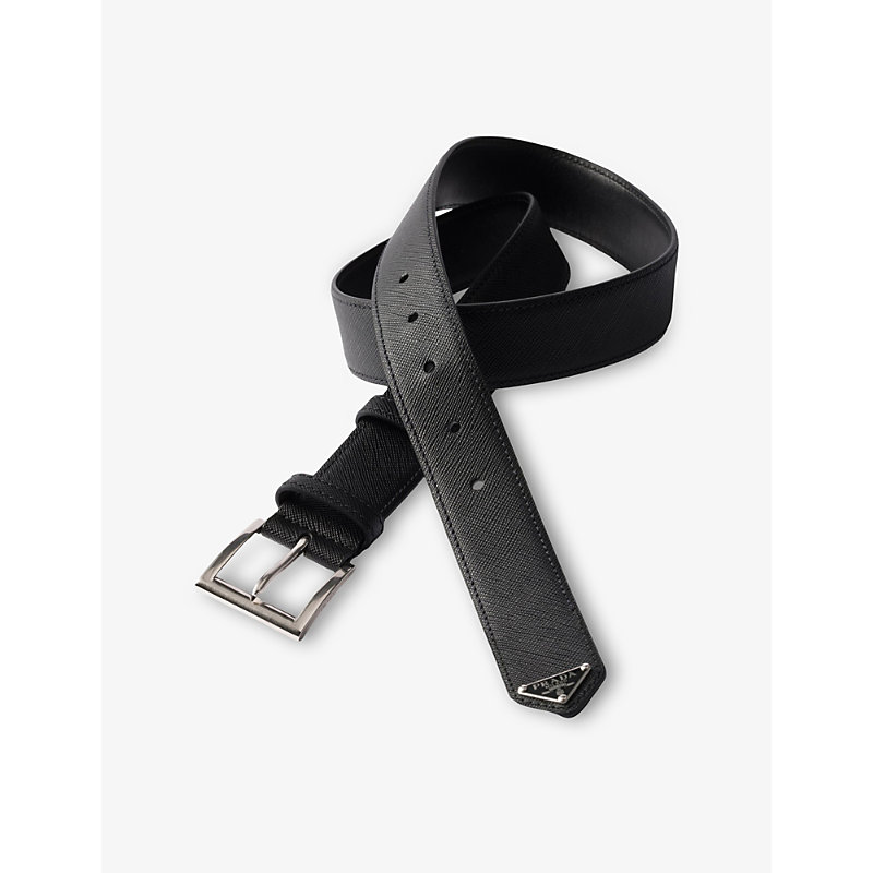 Prada Triangle-Logo Saffiano Leather Belt - Black | Editorialist display picture 1