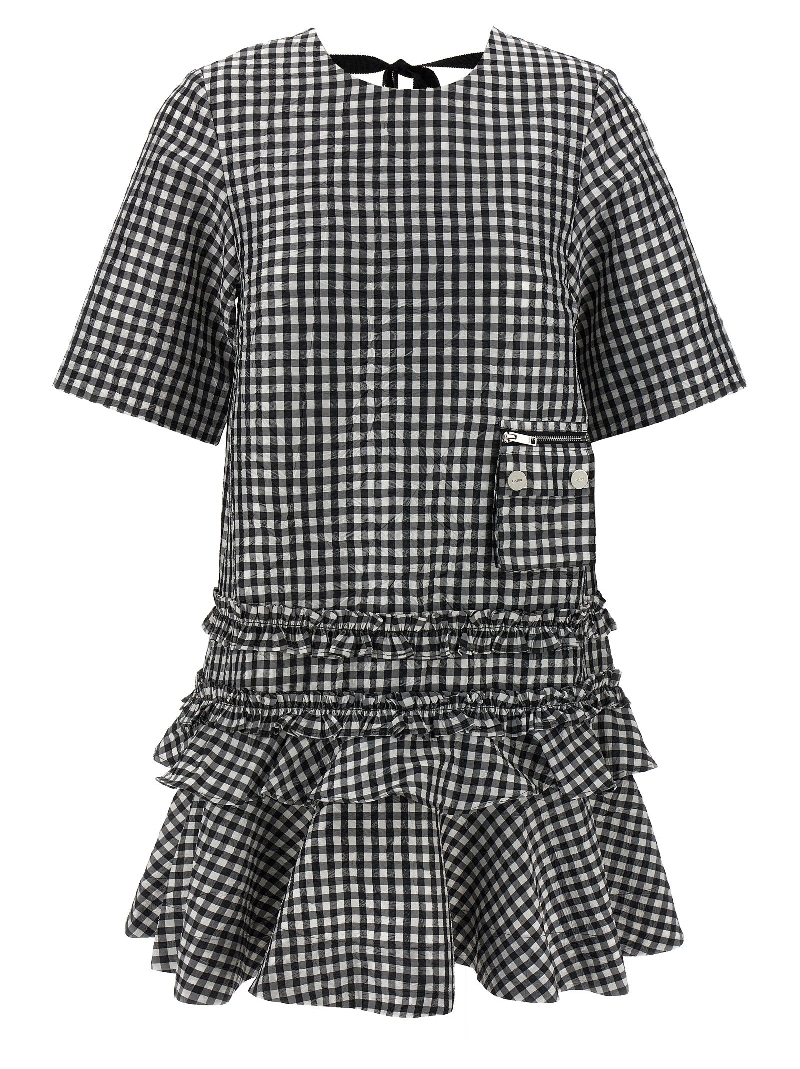 Ganni Crinkled Check Mini' Dress - White/Black | Editorialist