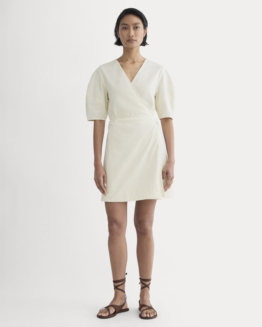 EVERLANE Seersucker Mini Wrap Dress with Balloon Sleeves