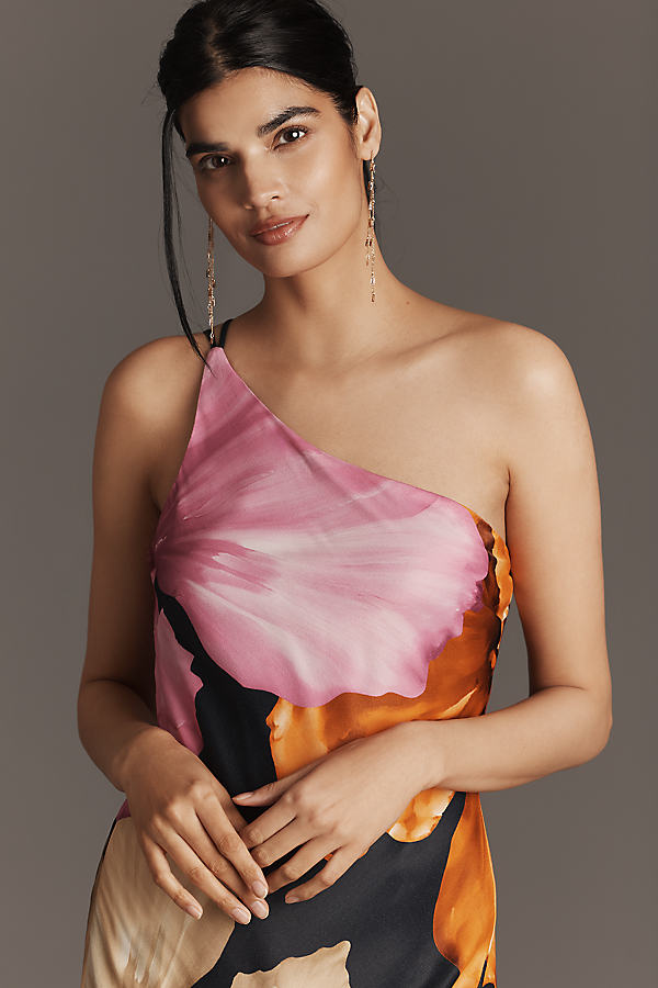 by anthropologie one-shoulder asymmetric floral maxi dress Taupe Floral One Shoulder Pleated Asymmetrical Maxi Dress – PinkBlush