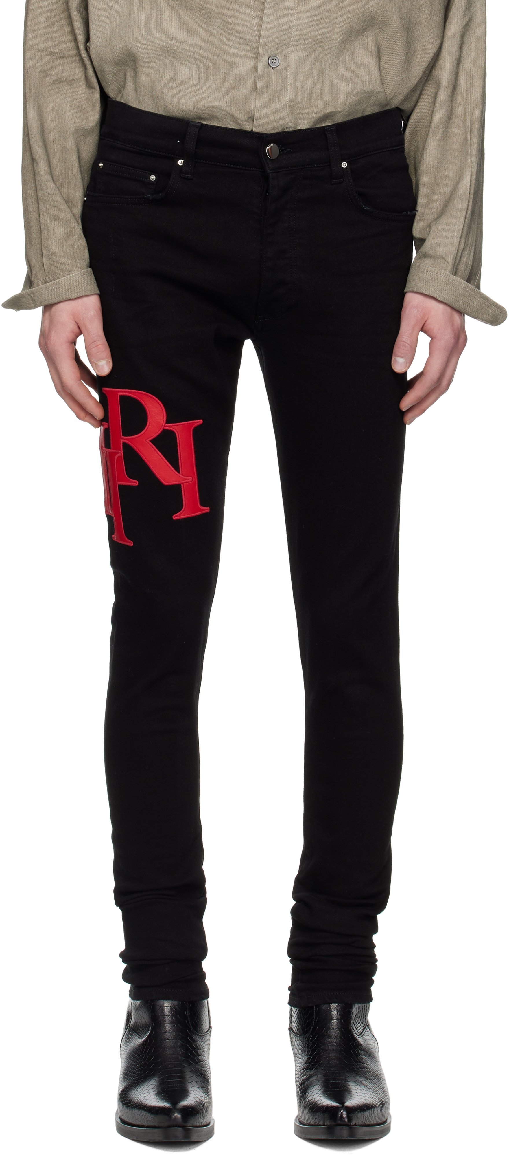 Amiri Staggered Logo Skinny Jeans - Black Red | Editorialist
