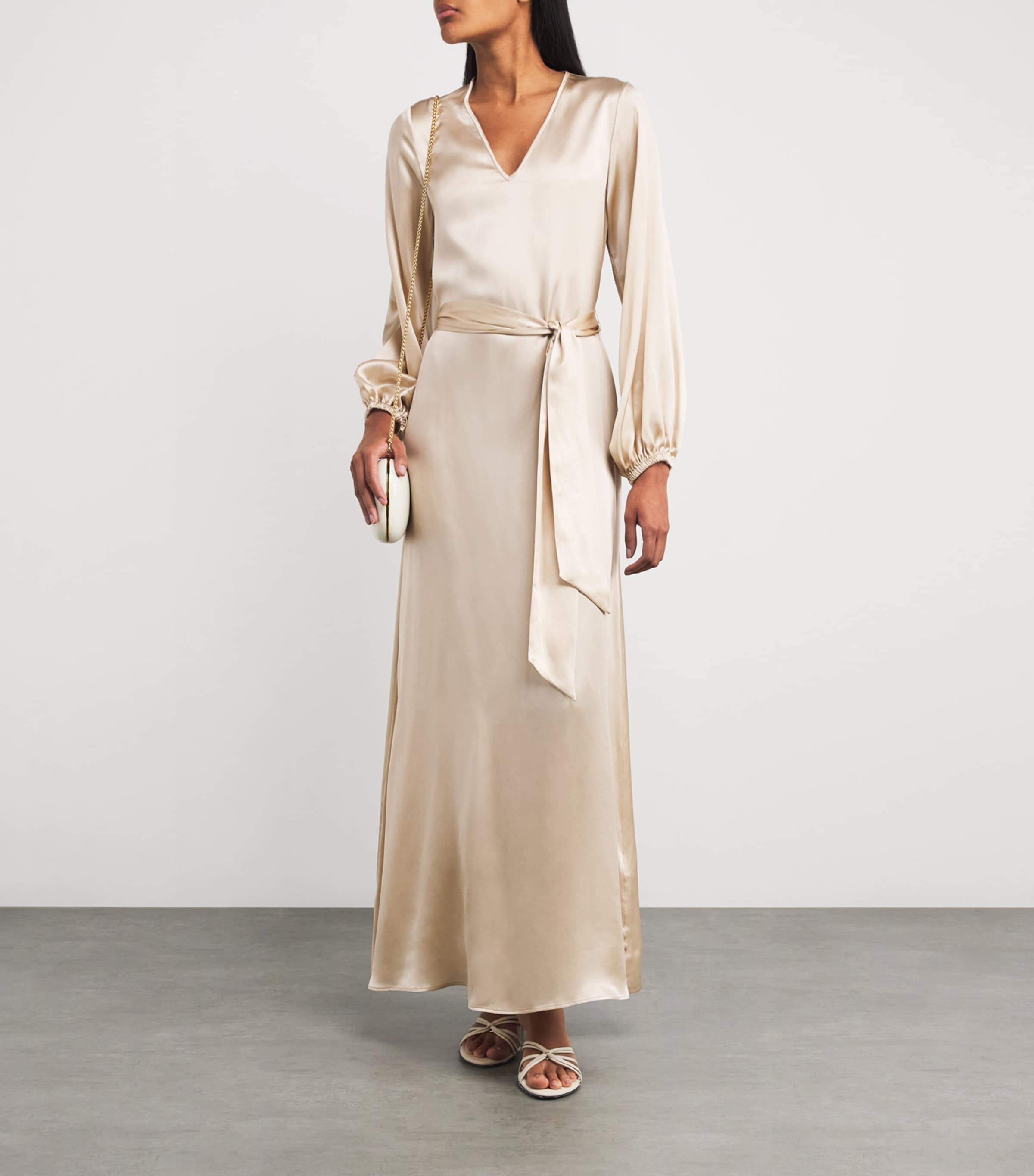 long sleeve beige dress Long Sleeve Satin Dress by Cinderella Divine -7475