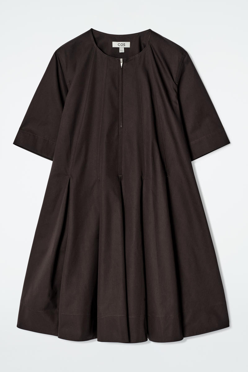 Cos Pleated Cotton Mini Dress In Brown - 50% Off | Editorialist