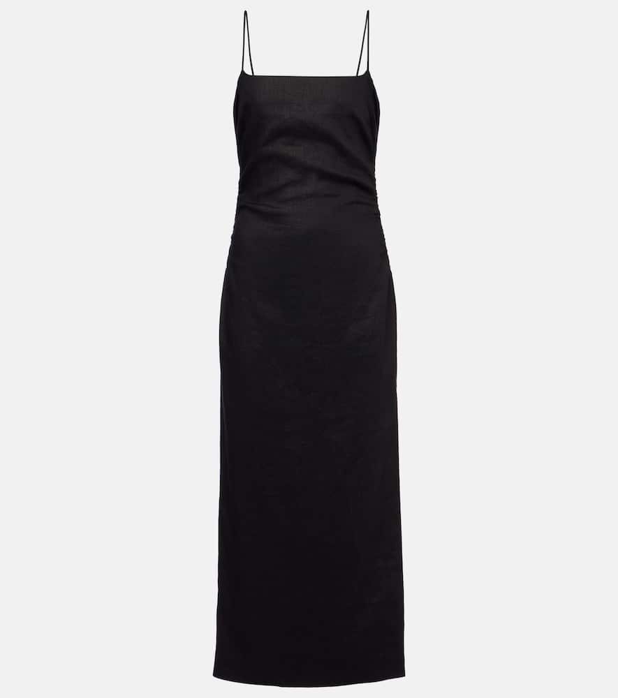 chinese dress ladies 100% Linen Split-Neck Patch-Pocket Midi Dress KALINA – LINTICO main image 1