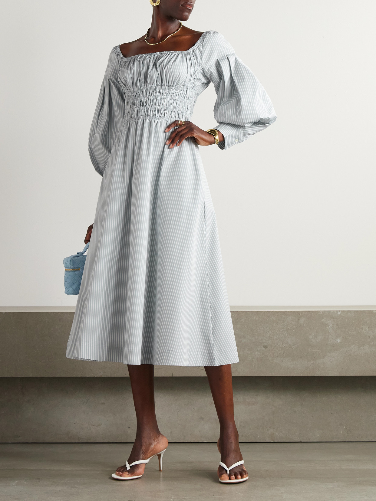 Ralph Lauren Shirred Striped Silk-Blend Midi Dress - Beige | Editorialist